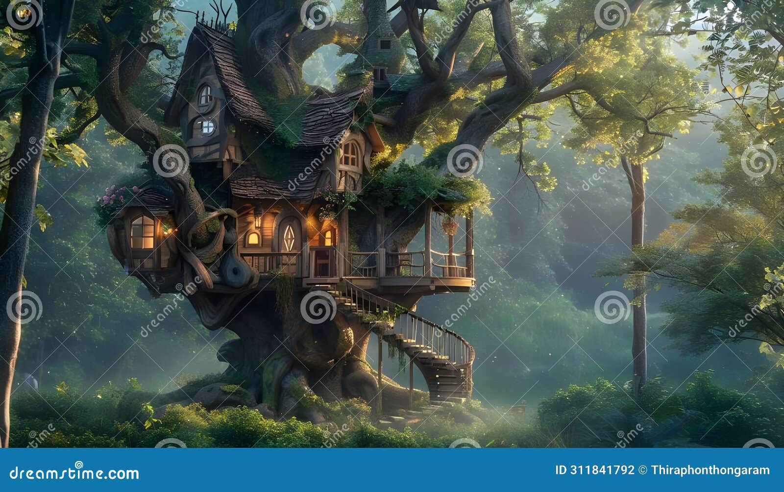 Tree house in forest stock illustration. Illustration of dreams - 311841792