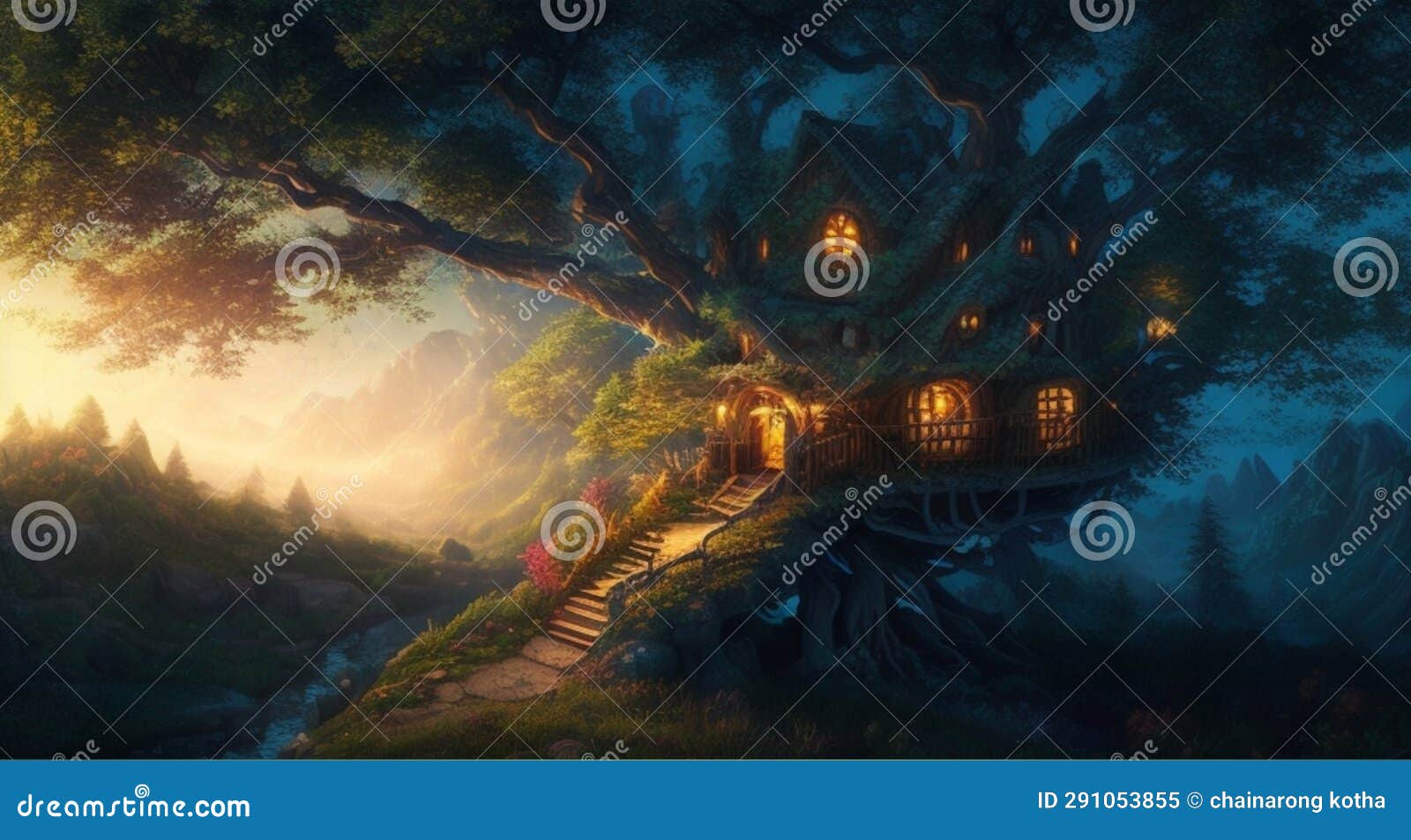 Fantasy Tree House with Light in the Forest Stock Image - Image of ...