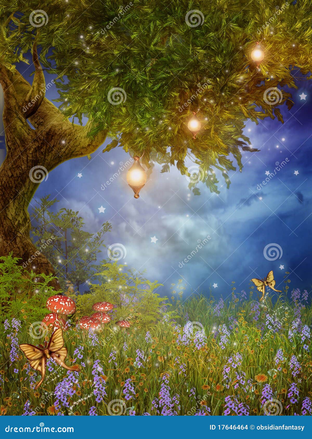 Fantasy tree with lamps stock illustration. Illustration of lantern ...