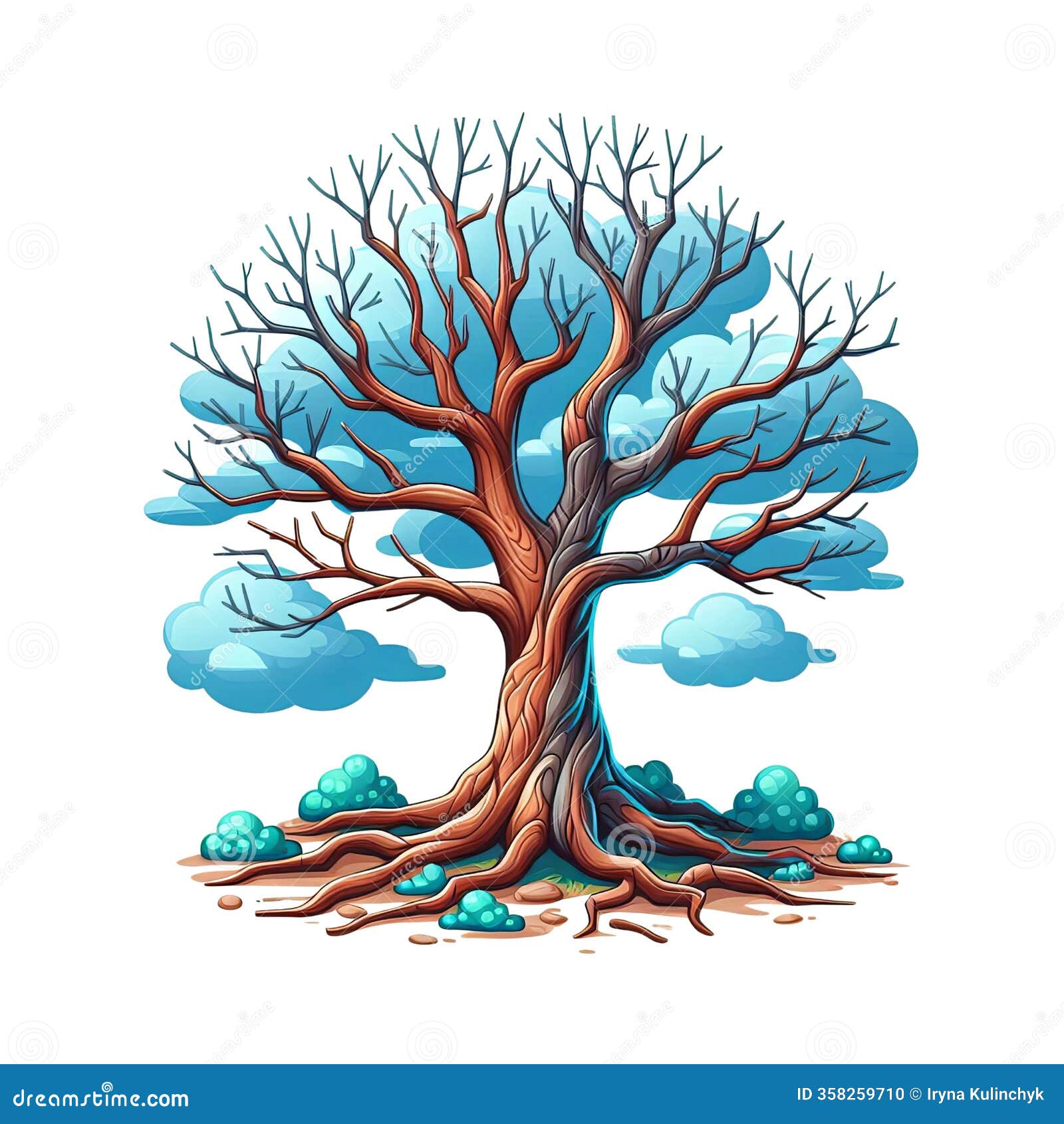Fantasy Tree with Twisted Roots and Bare Branches Against Blue Clouds ...