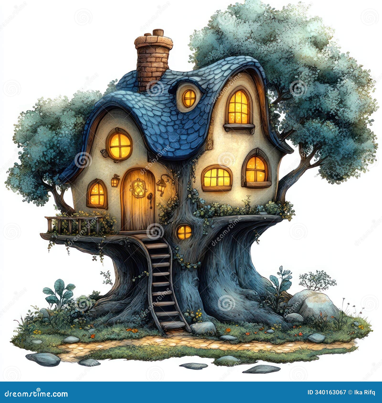 Fantasy Treehouse Illustration with Blue Roof and Yellow Windows Stock ...