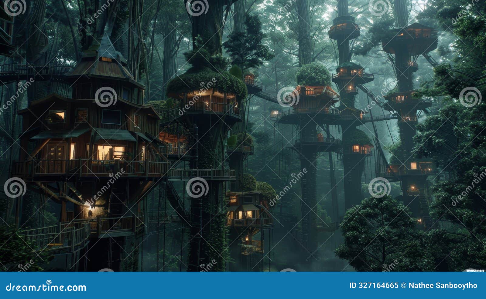 Fantasy Treehouse Village in Misty Forest Stock Illustration ...