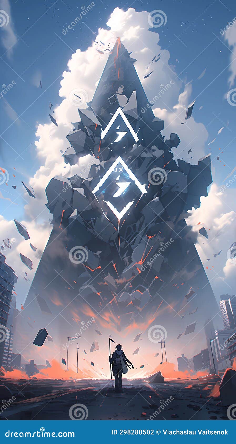 Fantasy Triangle Monument with Lights Stock Illustration - Illustration ...