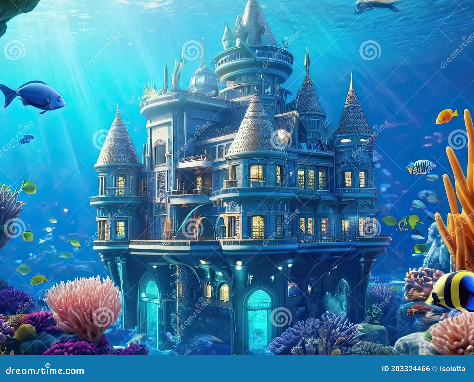 Fantasy Underwater World with a Castle Building and Swimming Exotic ...