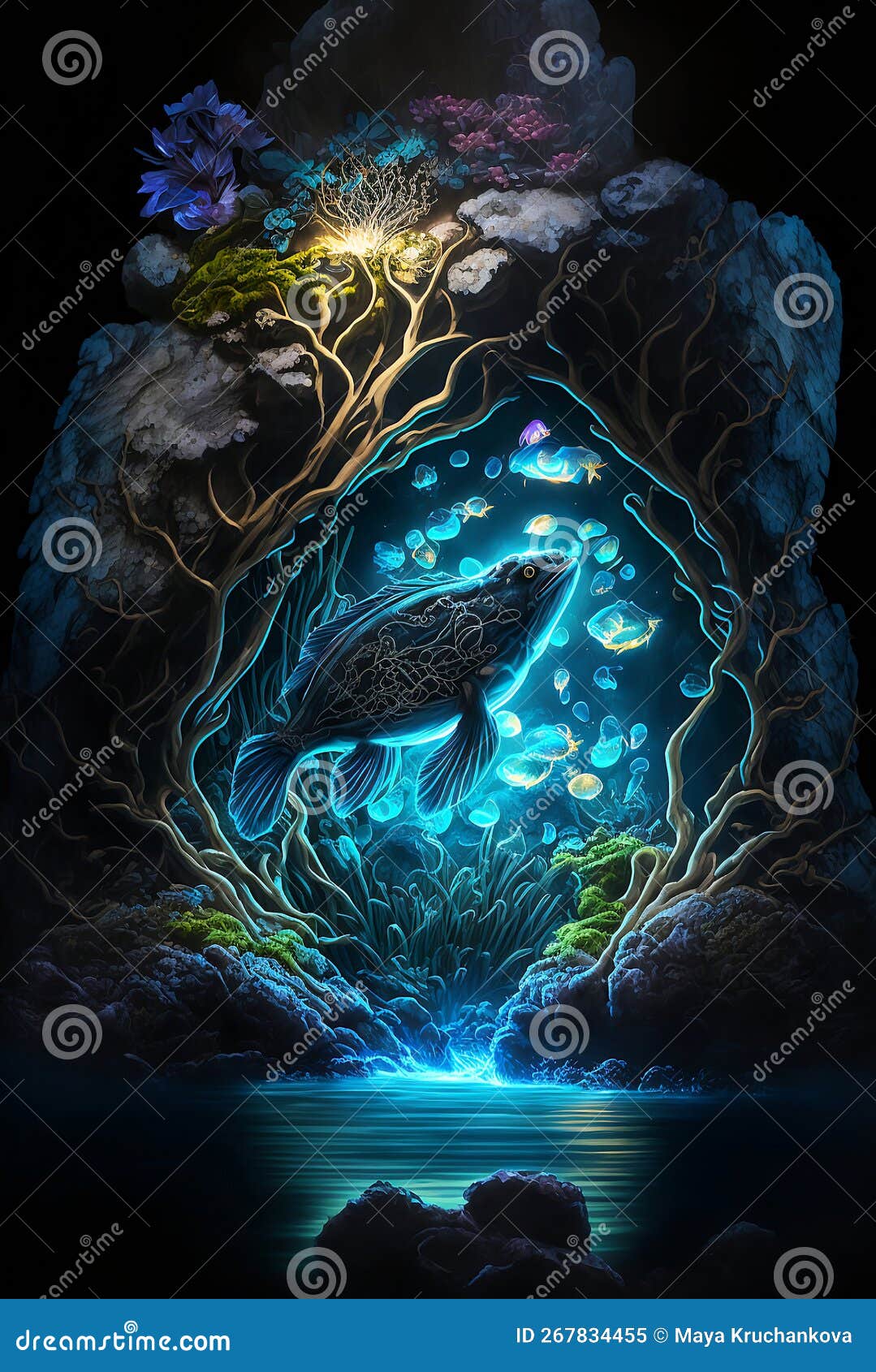 Fantasy Underwater World with Colorful Seaweed and Magic Fish Stock ...