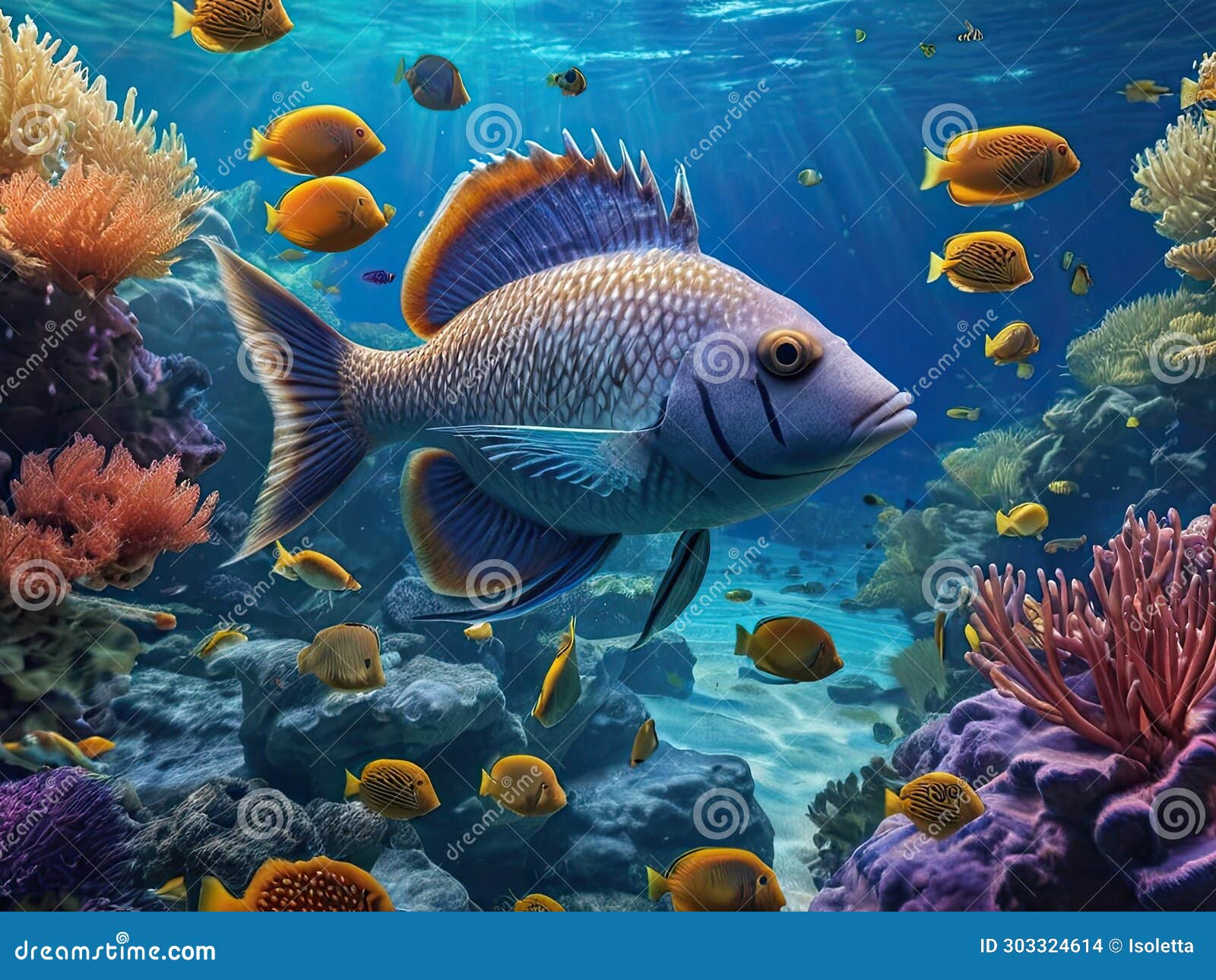 Fantasy Underwater World with Swimming Exotic Fish Stock Photo - Image ...