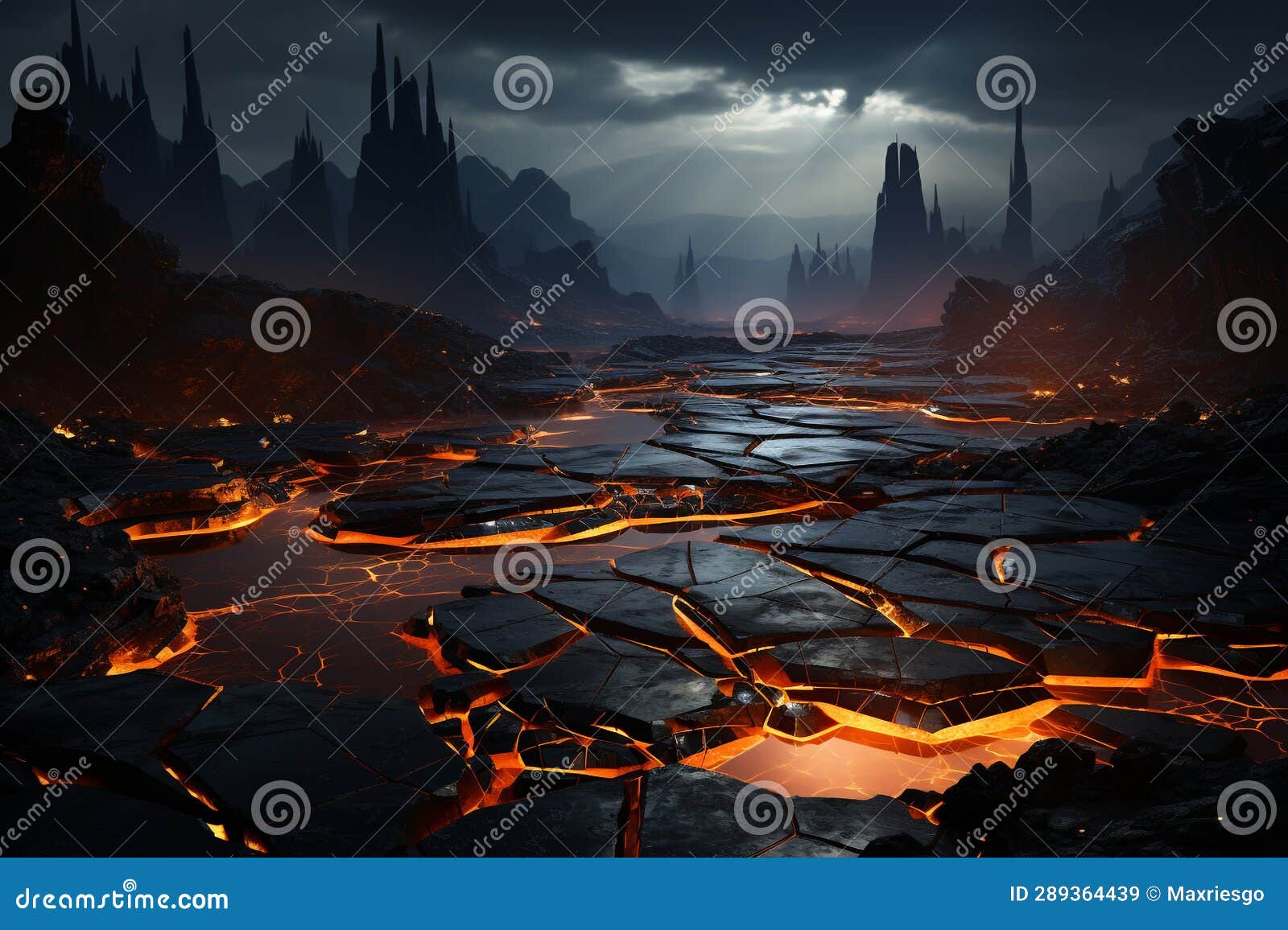 Fantasy Volcanic Landscape at Night Stock Illustration - Illustration ...