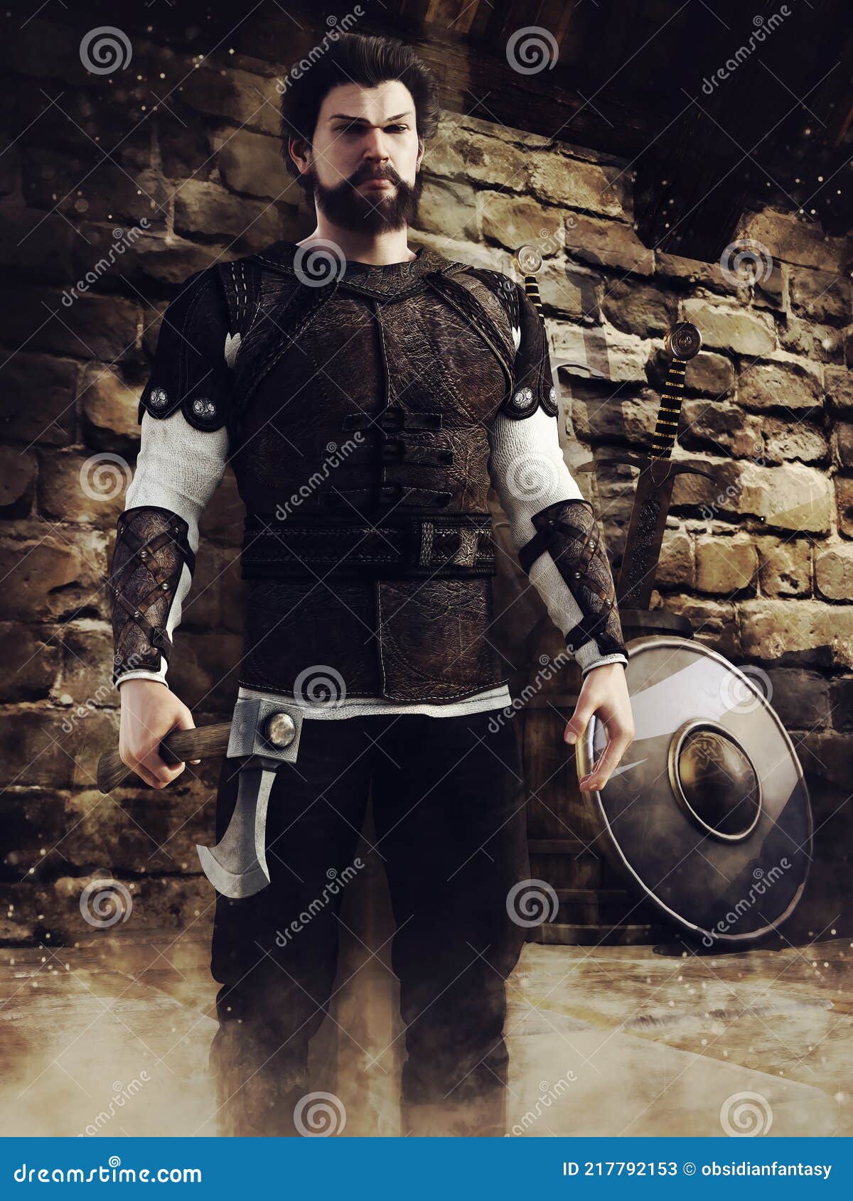 Fantasy Warrior with an Axe in a Dungeon Stock Illustration ...