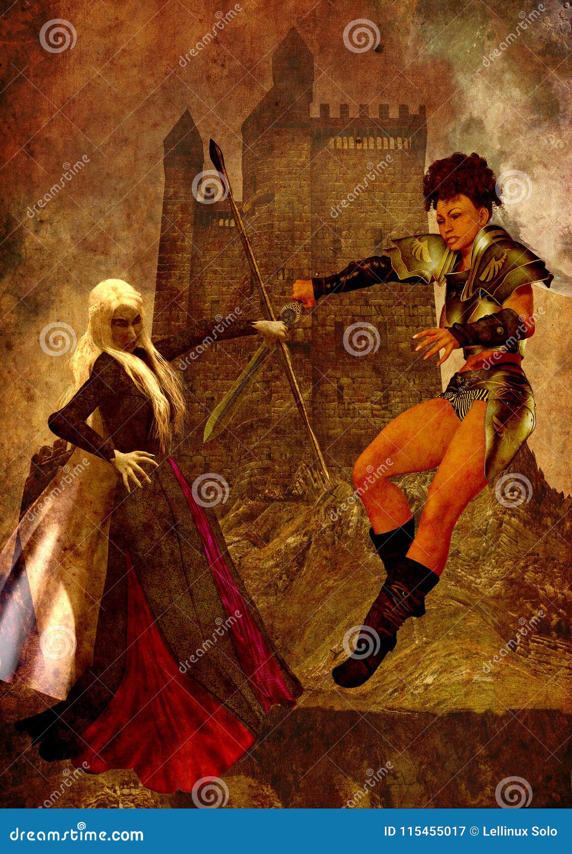 Fantasy Warrior Front of a Castle Beating with a Dark Old Scarlet Witch ...