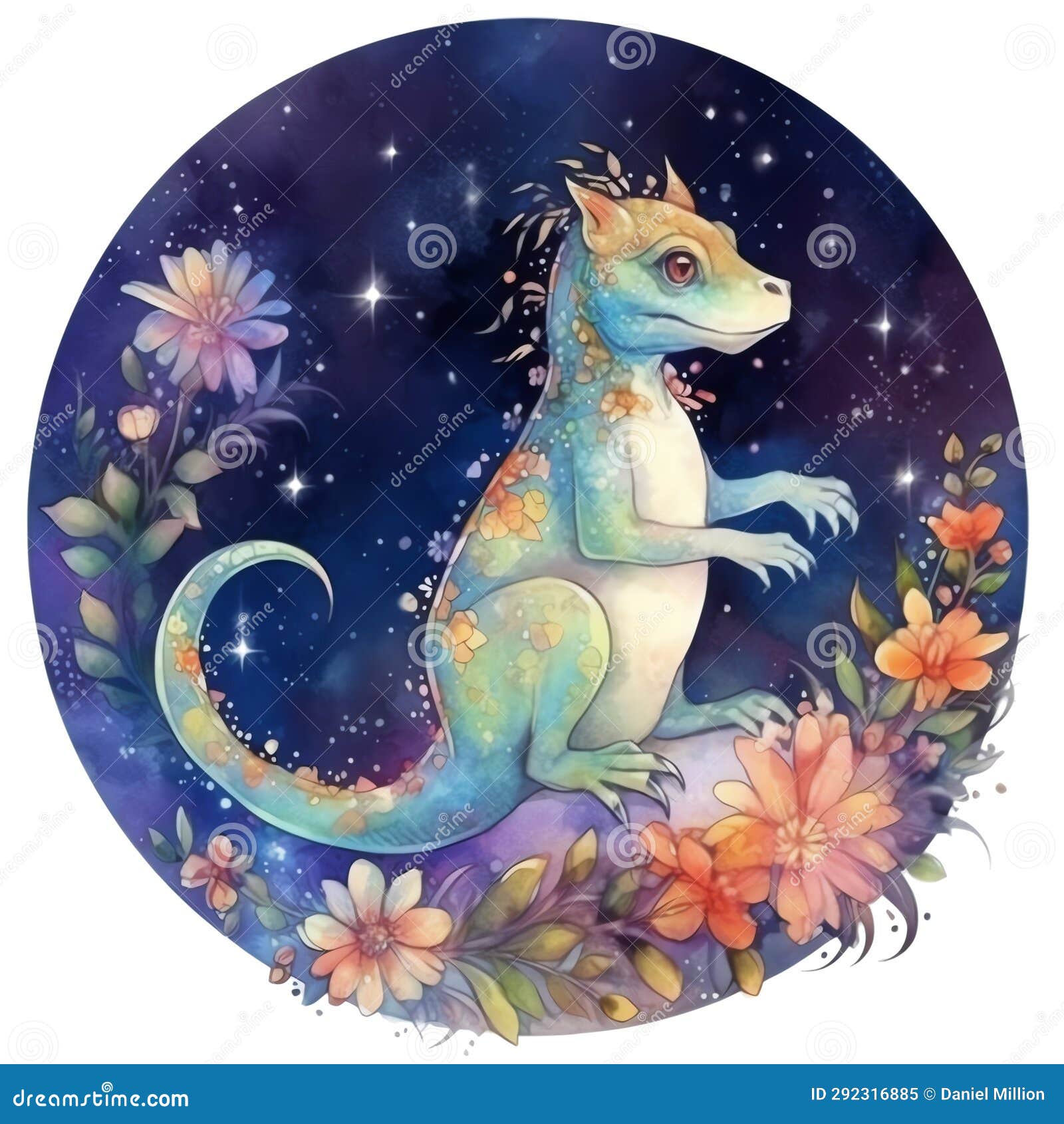 Fantasy Watercolor Floral Lizard Illustration Stock Illustration ...