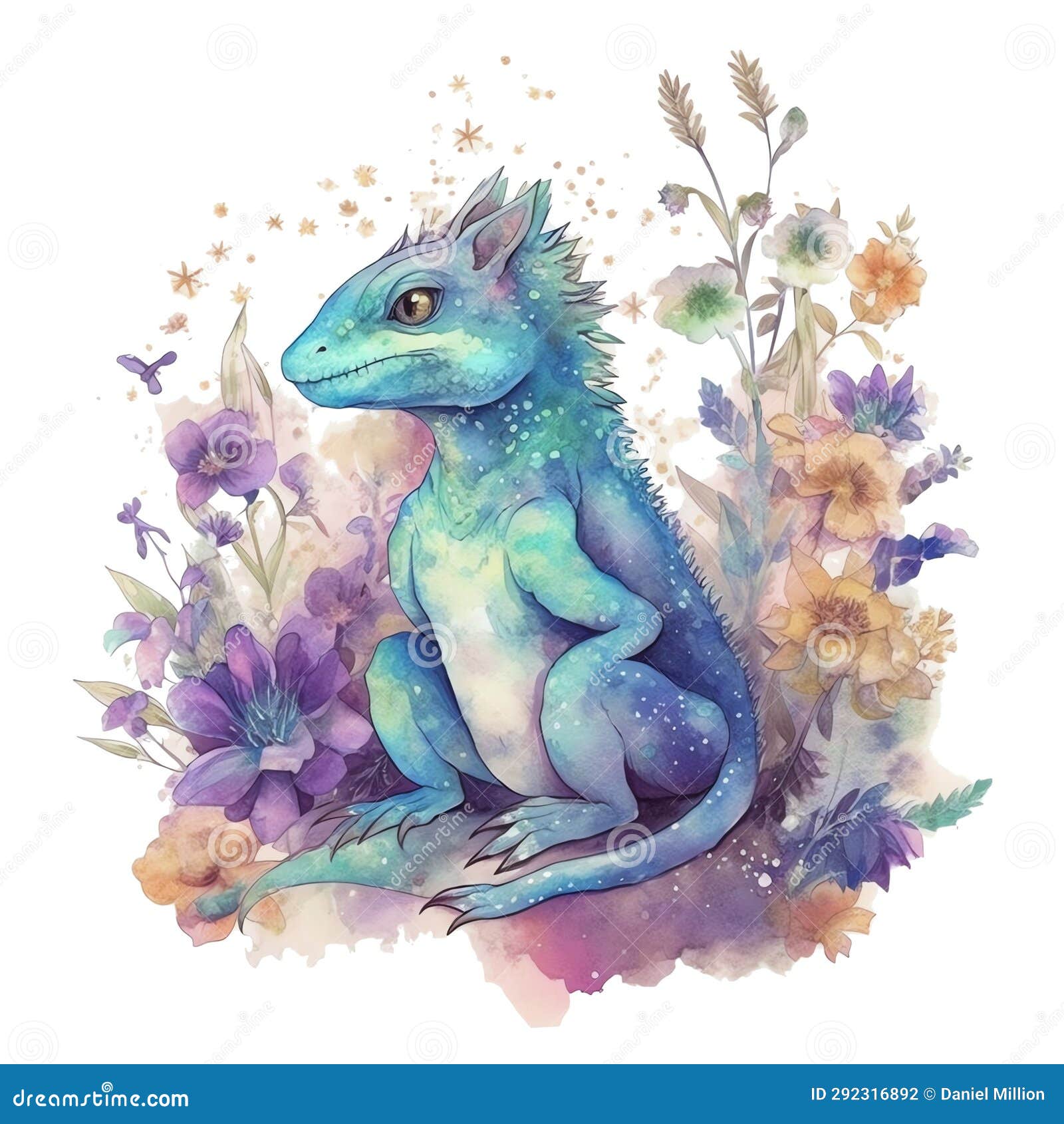 Fantasy Watercolor Floral Lizard Illustration Stock Illustration ...