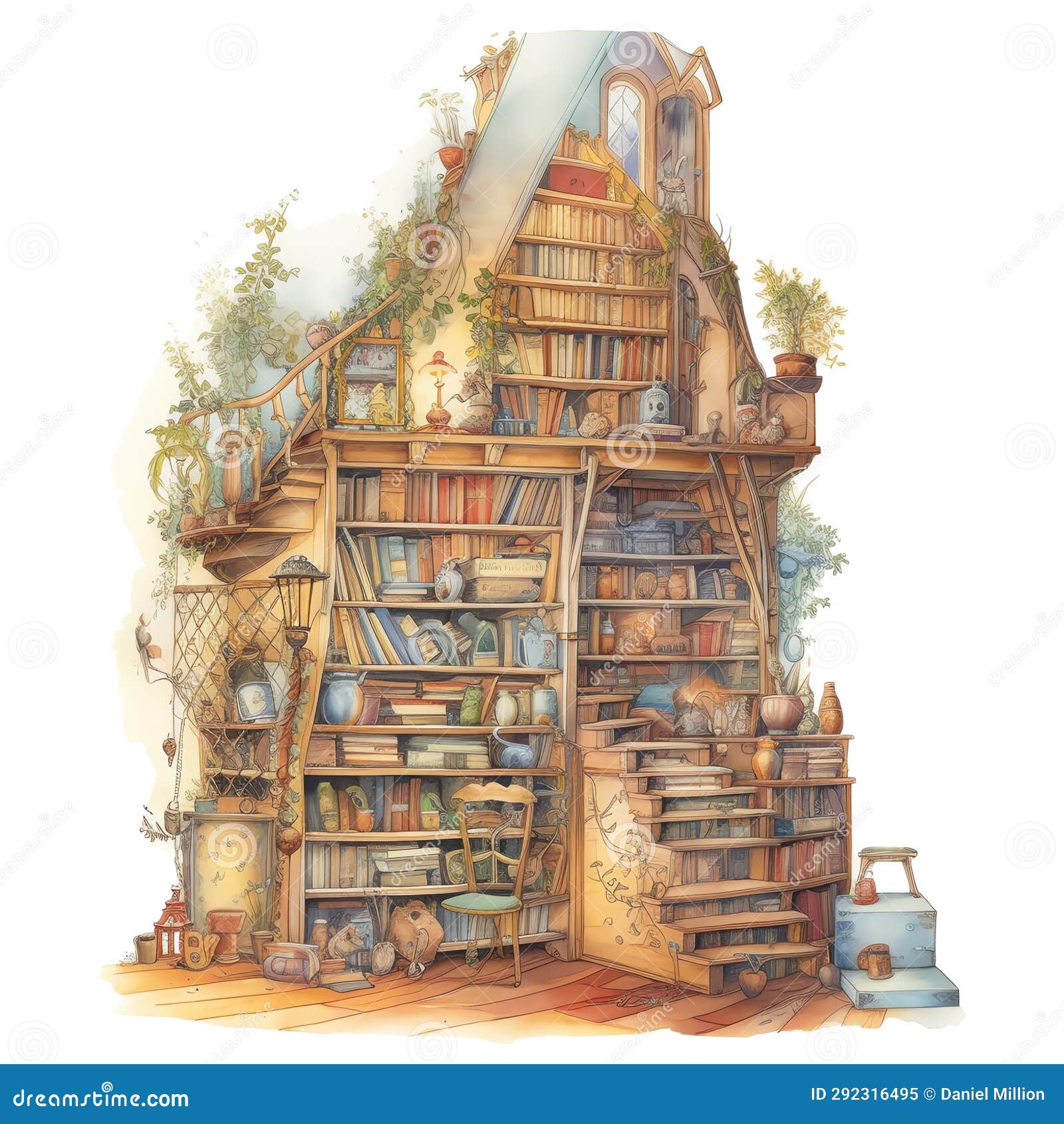 Fantasy Watercolor Magical Library Illustration Stock Illustration ...