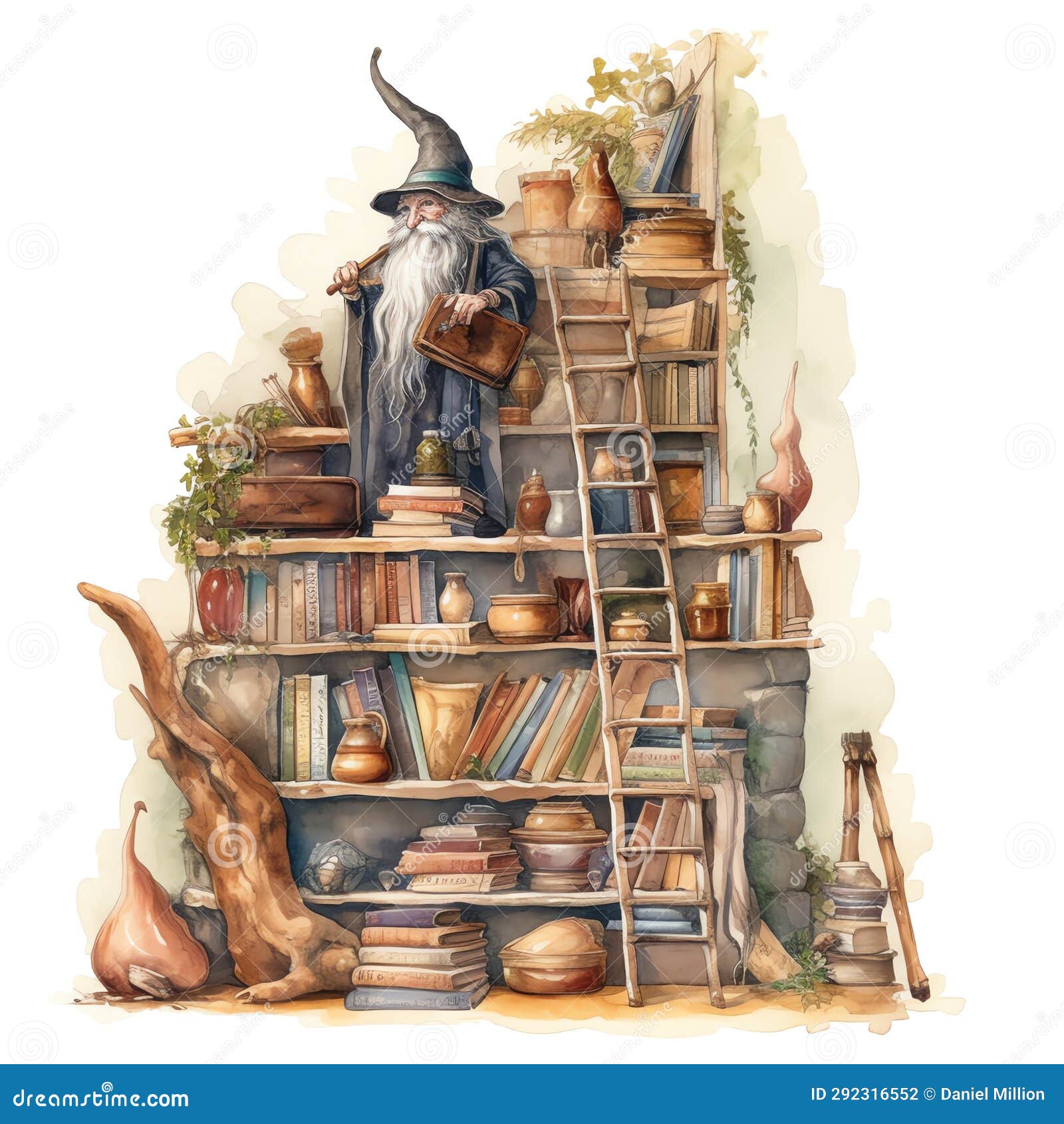 Fantasy Watercolor Wizard with Books in Library Illustration Stock ...