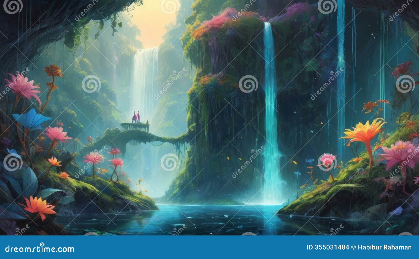 Fantasy Waterfall With Pink Flowers In A Field Royalty-Free Stock Photo ...