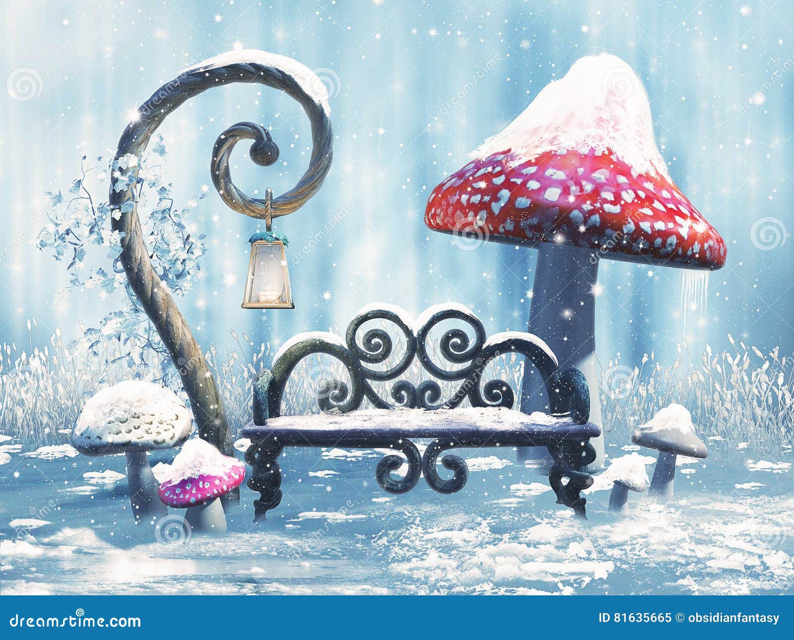 Fantasy Winter Bench and Mushrooms Stock Illustration - Illustration of ...