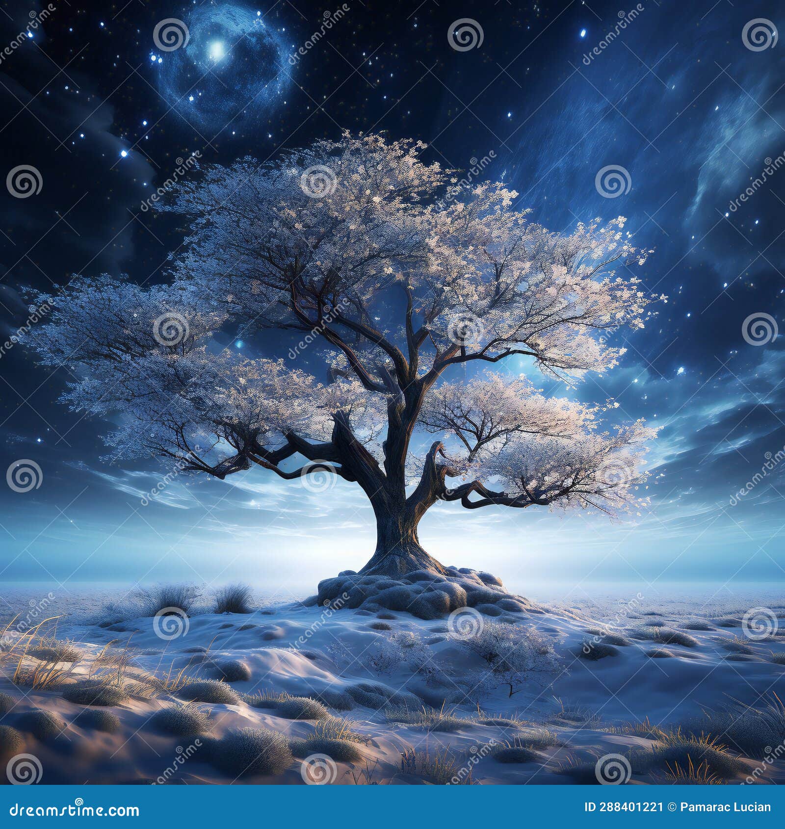 Fantasy Winter Landscape with Big Tree and Starry Sky. 3d Render Stock ...