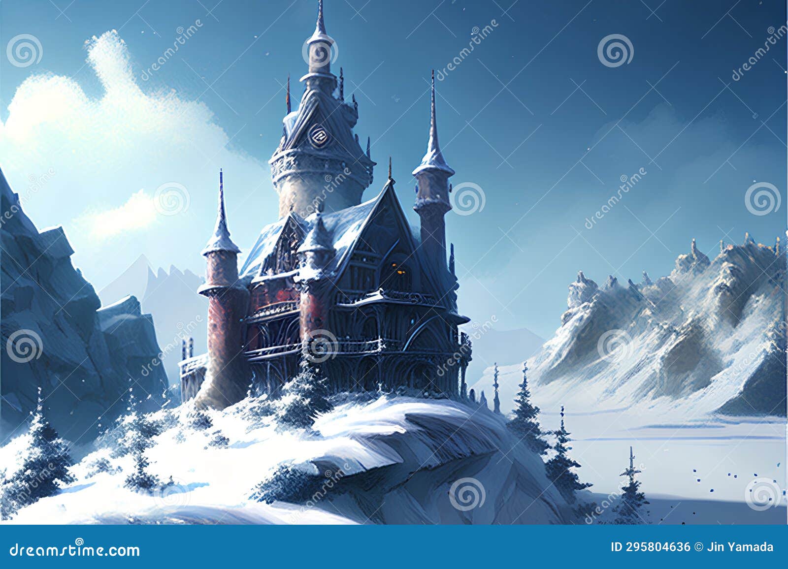 Fantasy Winter Landscape with Castle in the Mountains. Digital Painting ...