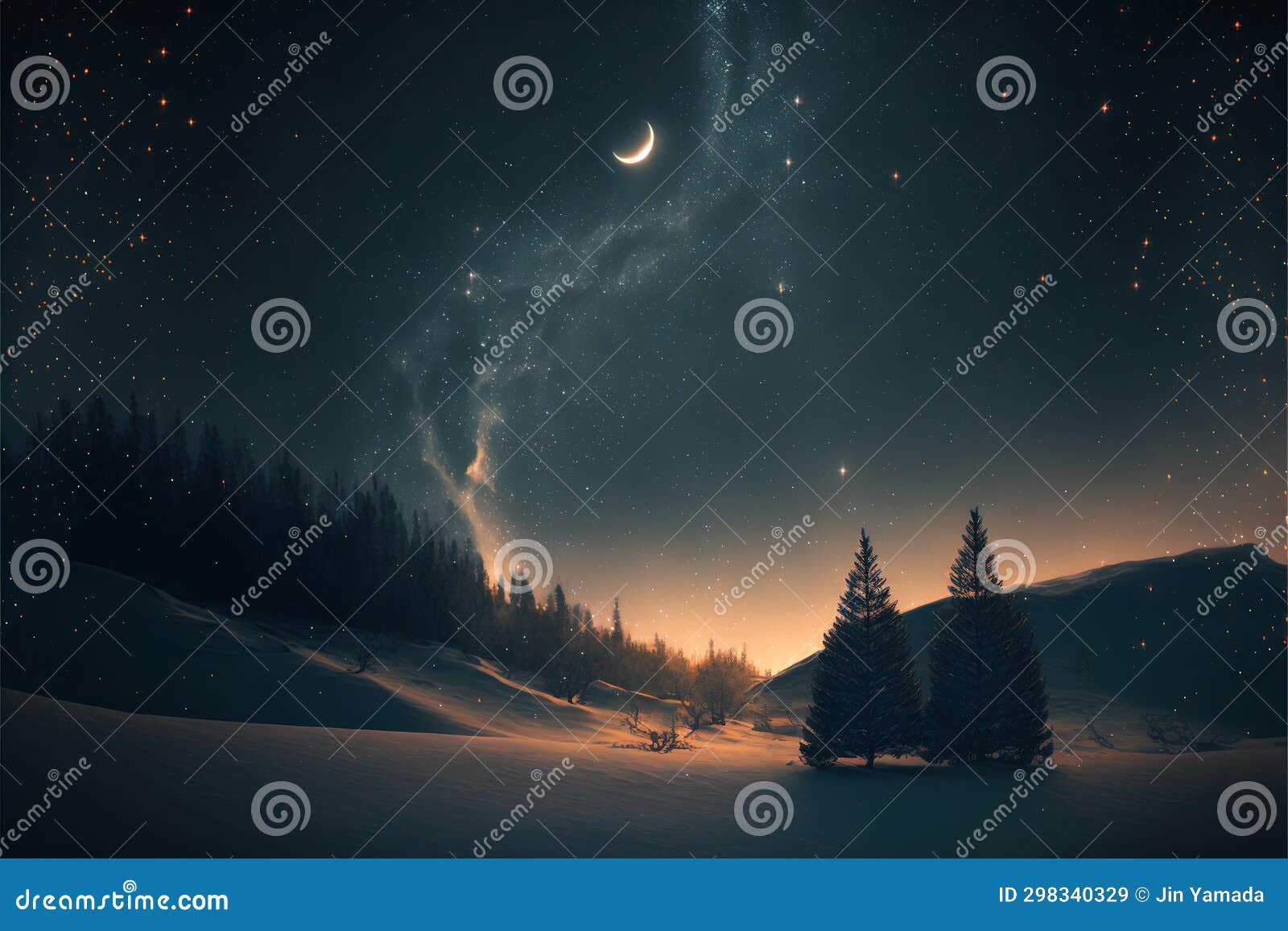 Fantasy Winter Landscape with Fir Trees and Starry Sky. 3D Rendering ...