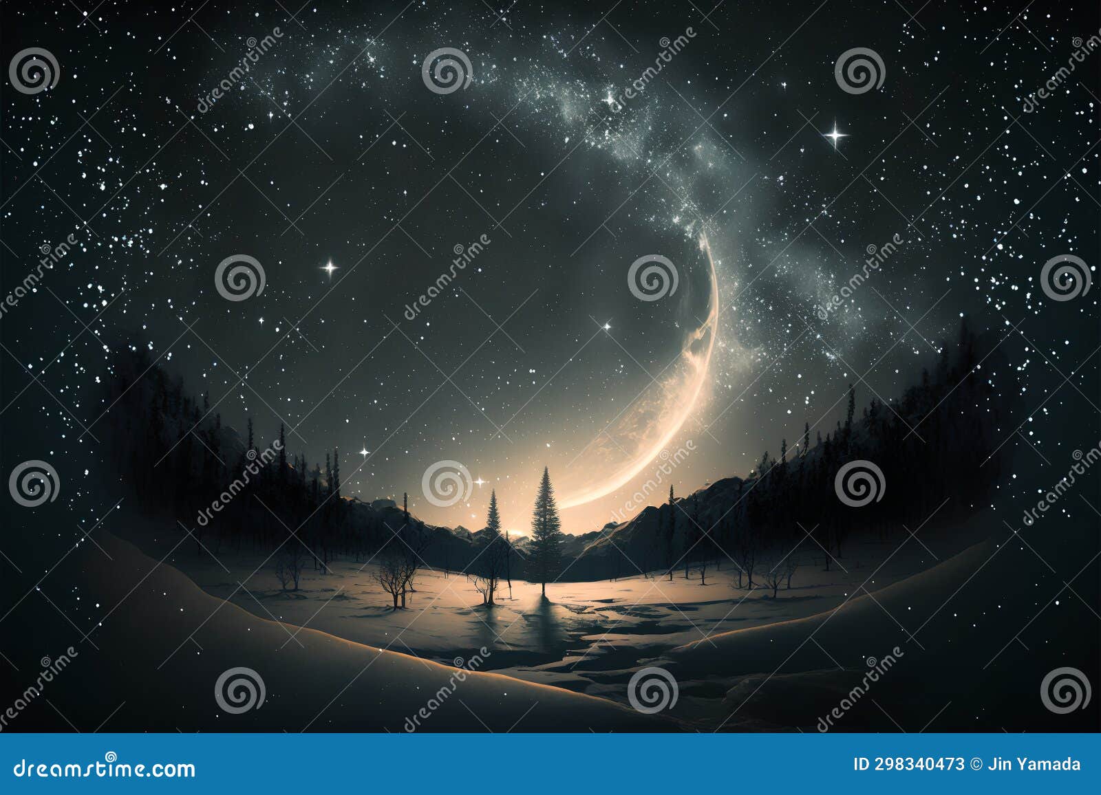 Fantasy Winter Landscape with Moon and Starry Sky. 3d Rendering Stock ...