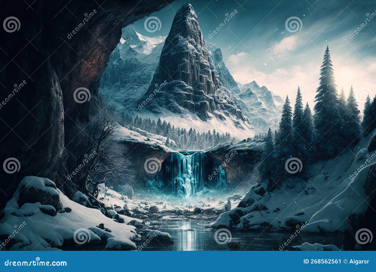 Fantasy Winter Scene with Frozen Waterfall Mountains Stock Illustration ...