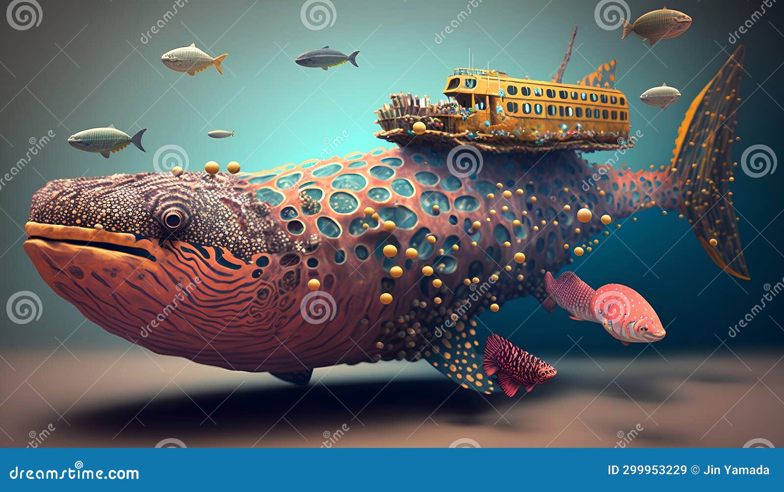 Fantasy World. 3D Illustration of a Big Fish with a Ship Stock ...