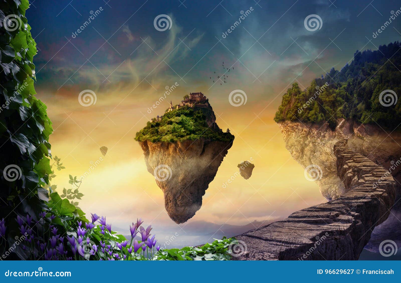 Fantasy World with Floating Islands Stock Illustration - Illustration ...