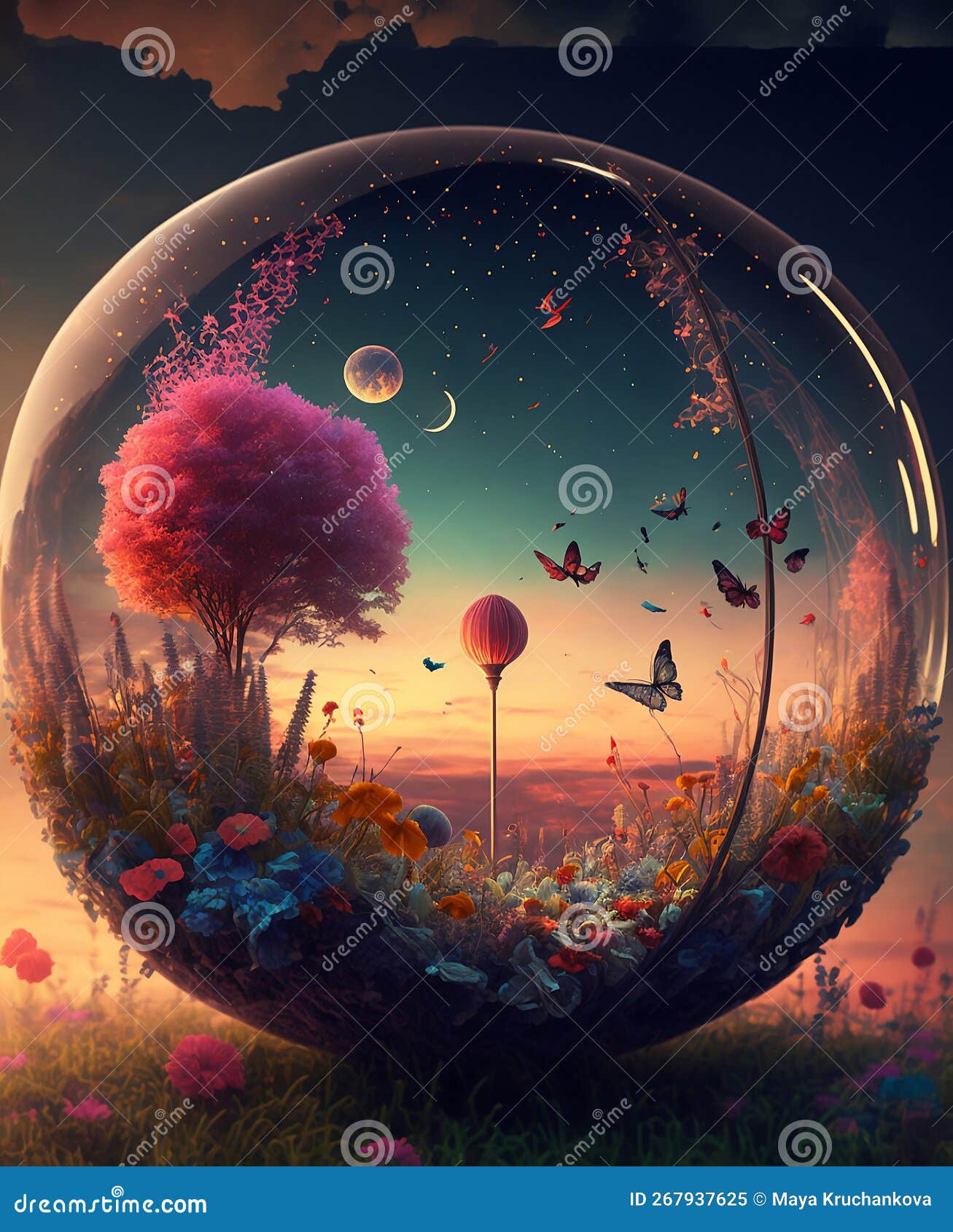 Fantasy World with Flowers and Sunset in Transparent Sphere Stock ...