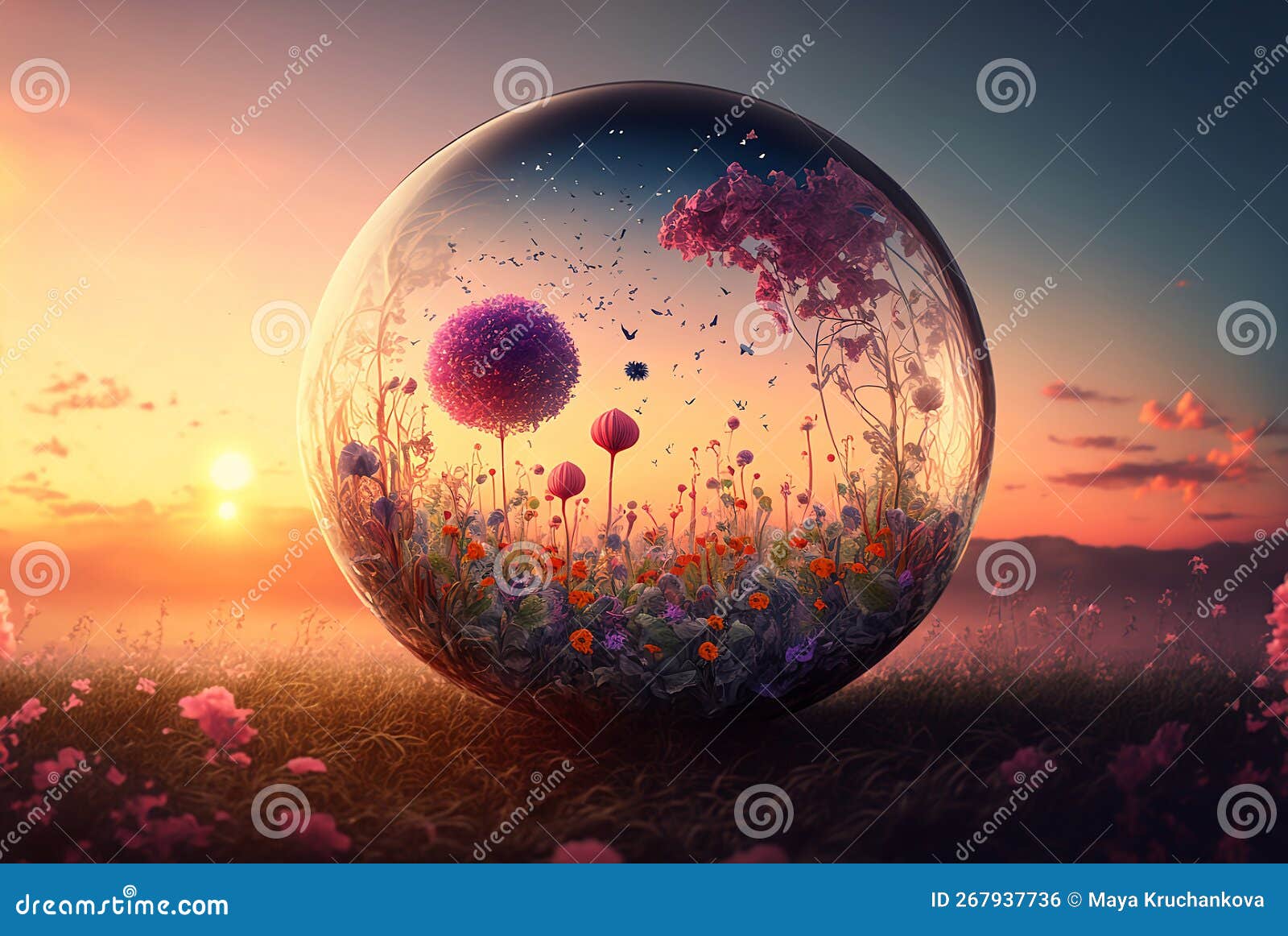 Fantasy World with Flowers and Sunset in Transparent Sphere Stock ...