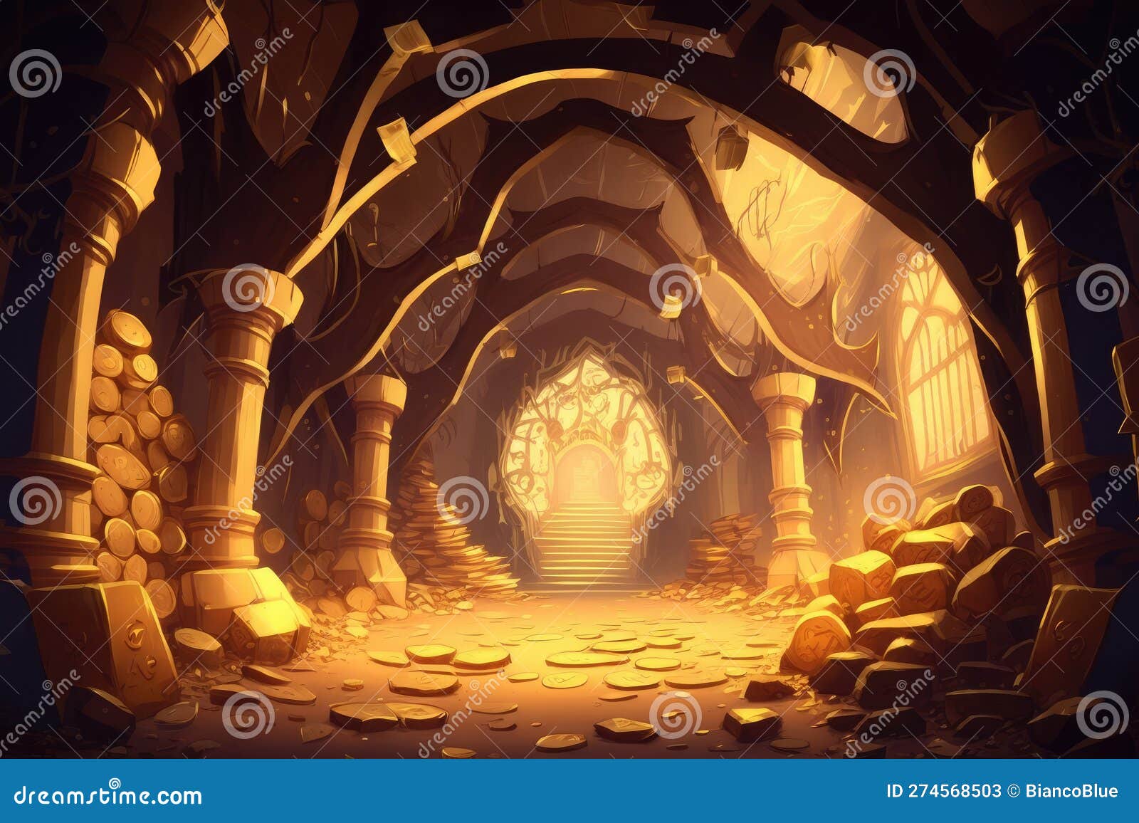 Fantasy World of Gold Mine or Old Treasure Cave Stock Illustration ...