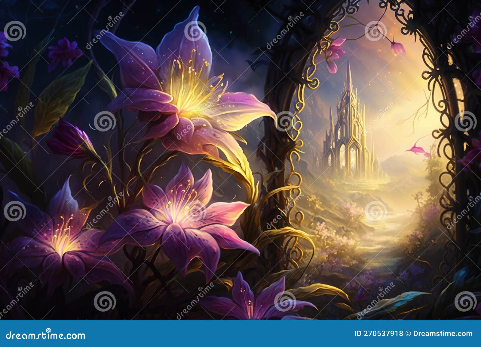 Fantasy World with Magical Flowers and Castle Stock Illustration ...