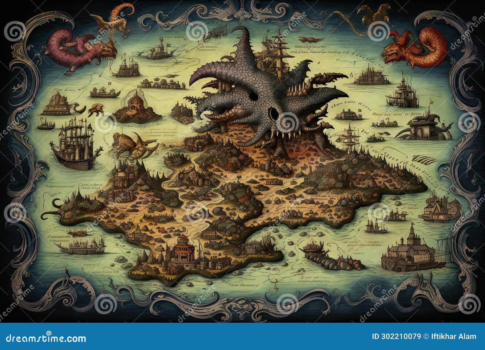 Fantasy World Map with Dragonpus and Other Elements, AI Generated Stock ...