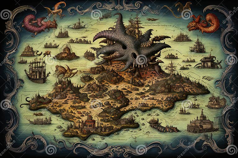 Fantasy World Map with Dragonpus and Other Elements, AI Generated Stock ...