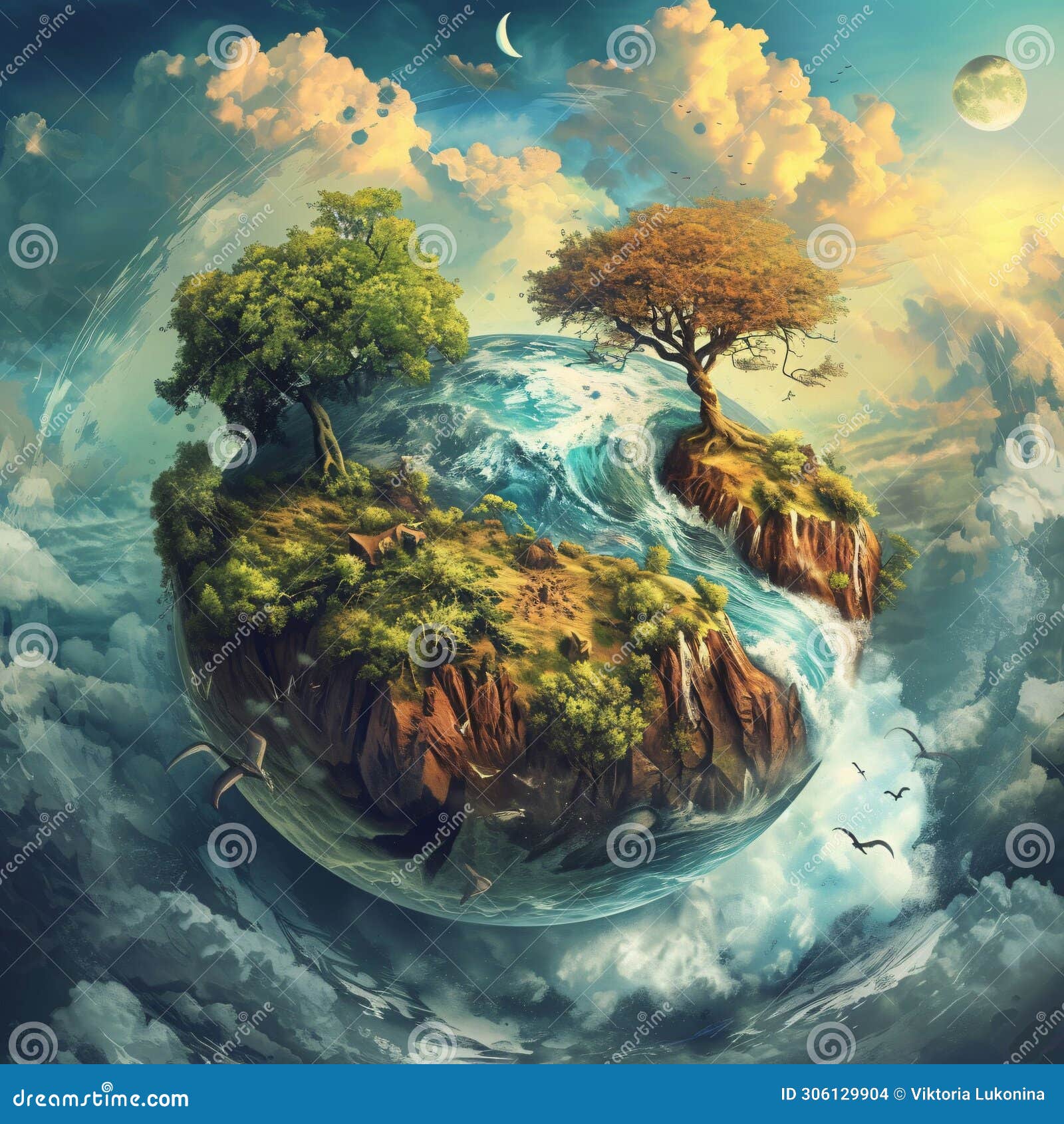 Fantasy World with Trees and Waterfalls Stock Photo - Image of clouds ...