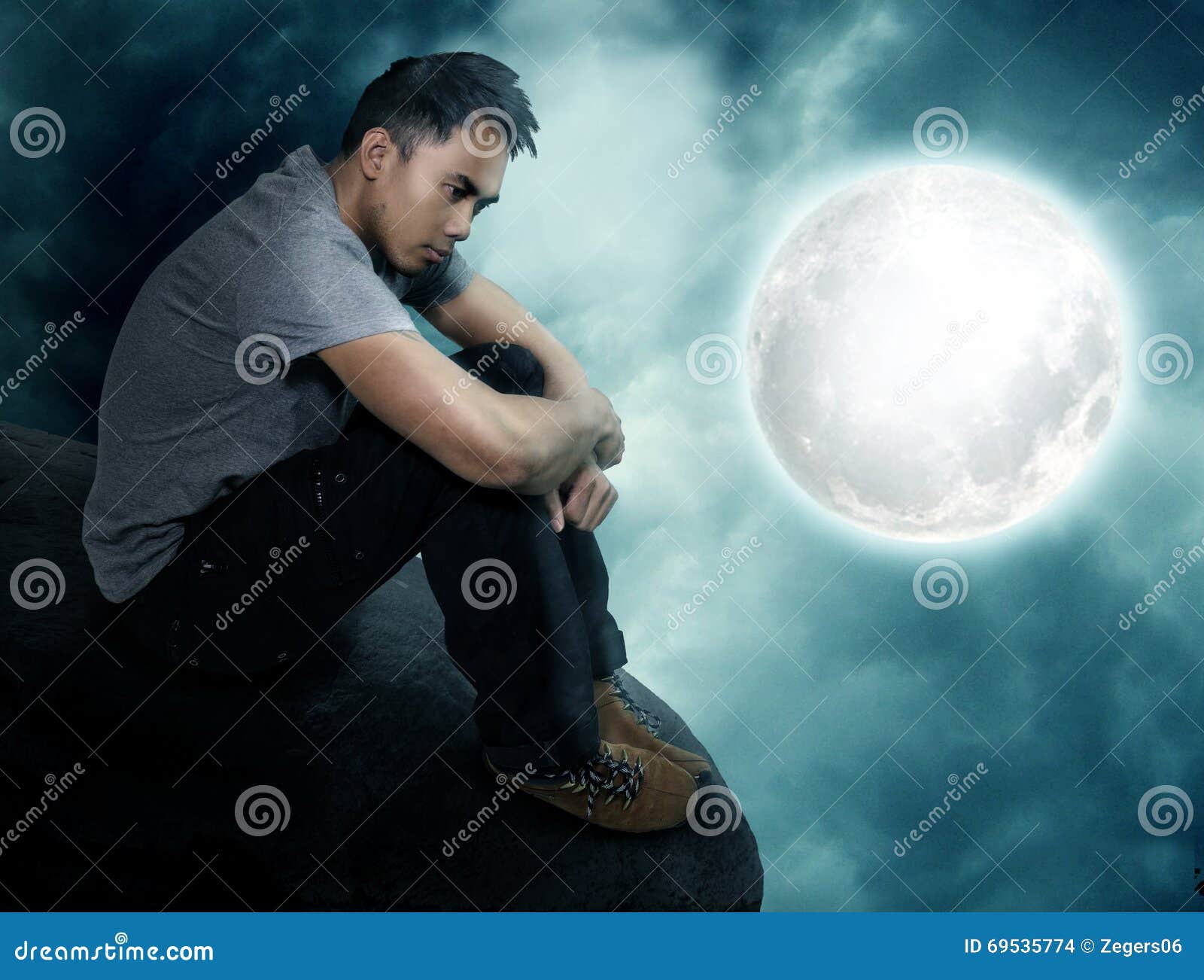 Fantasy World - Young Man Sitting at a Full Moon Stock Photo - Image of ...