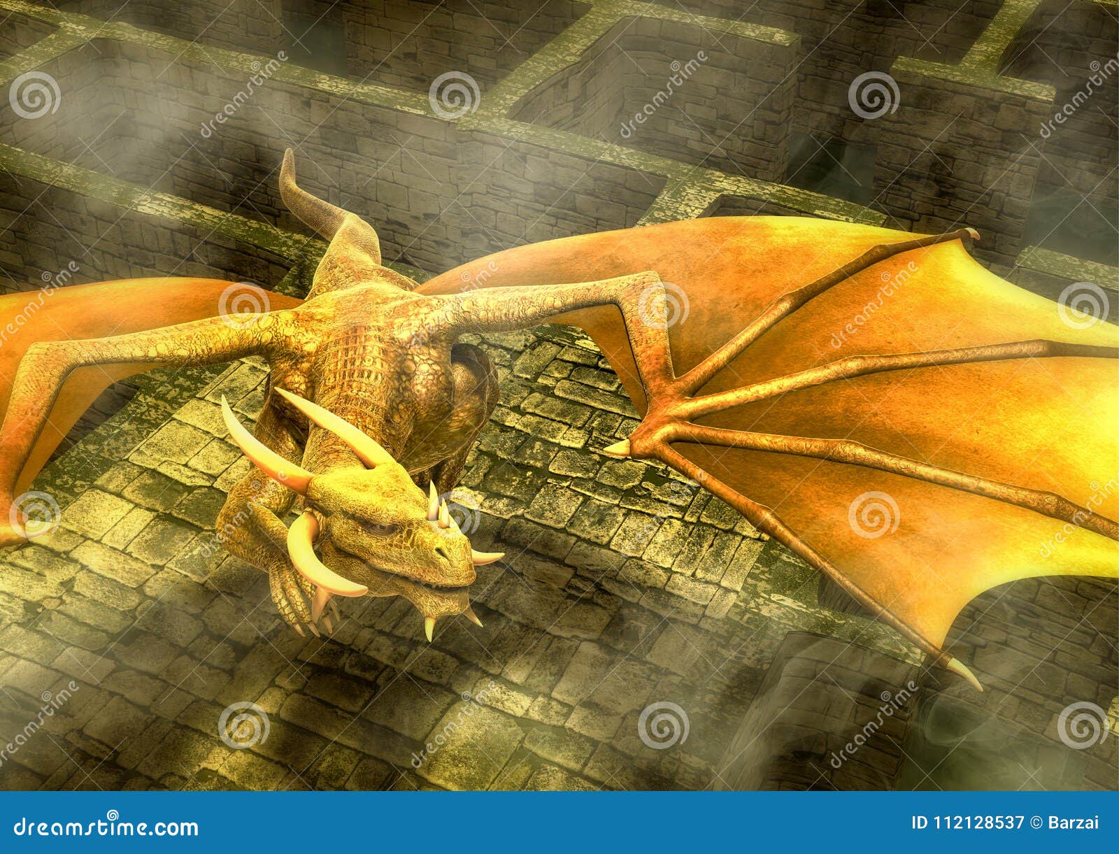 Fantasy Yellow Dragon Flying in a Maze. Stock Illustration ...