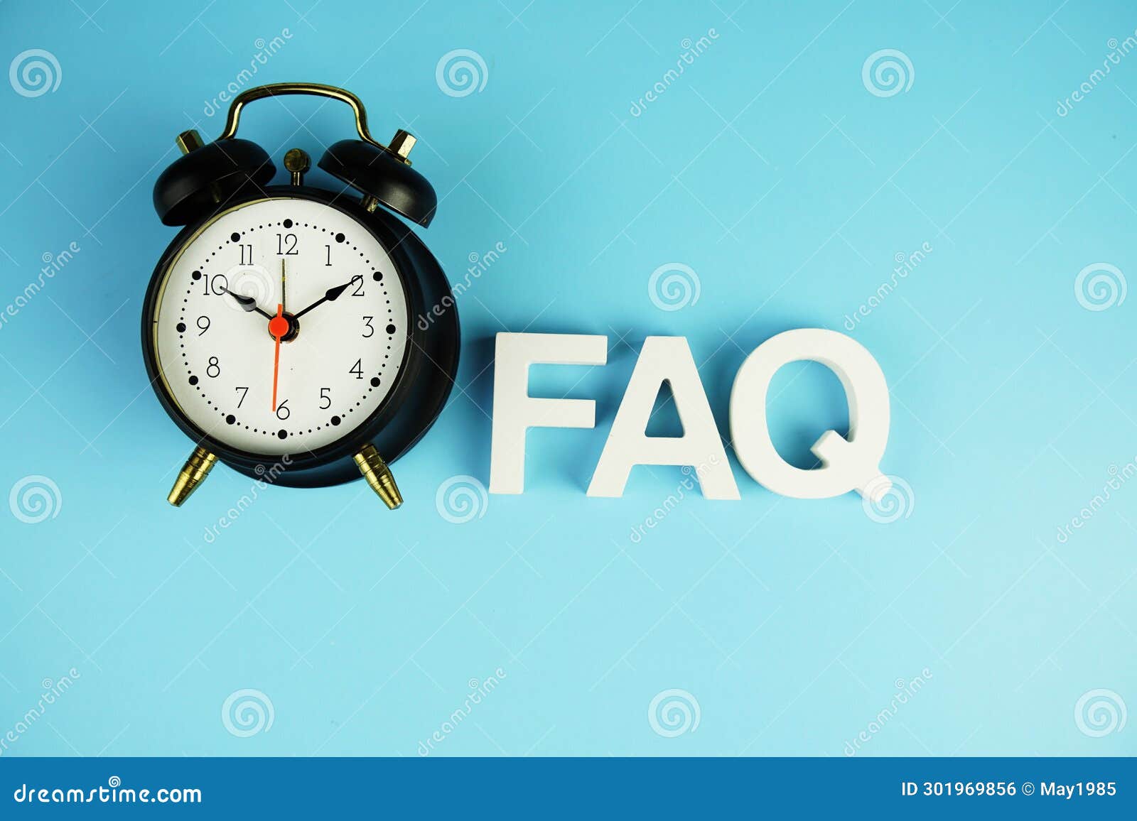 FAQ Alphabet Letters with Alarm Clock Top View on Blue Background Stock ...