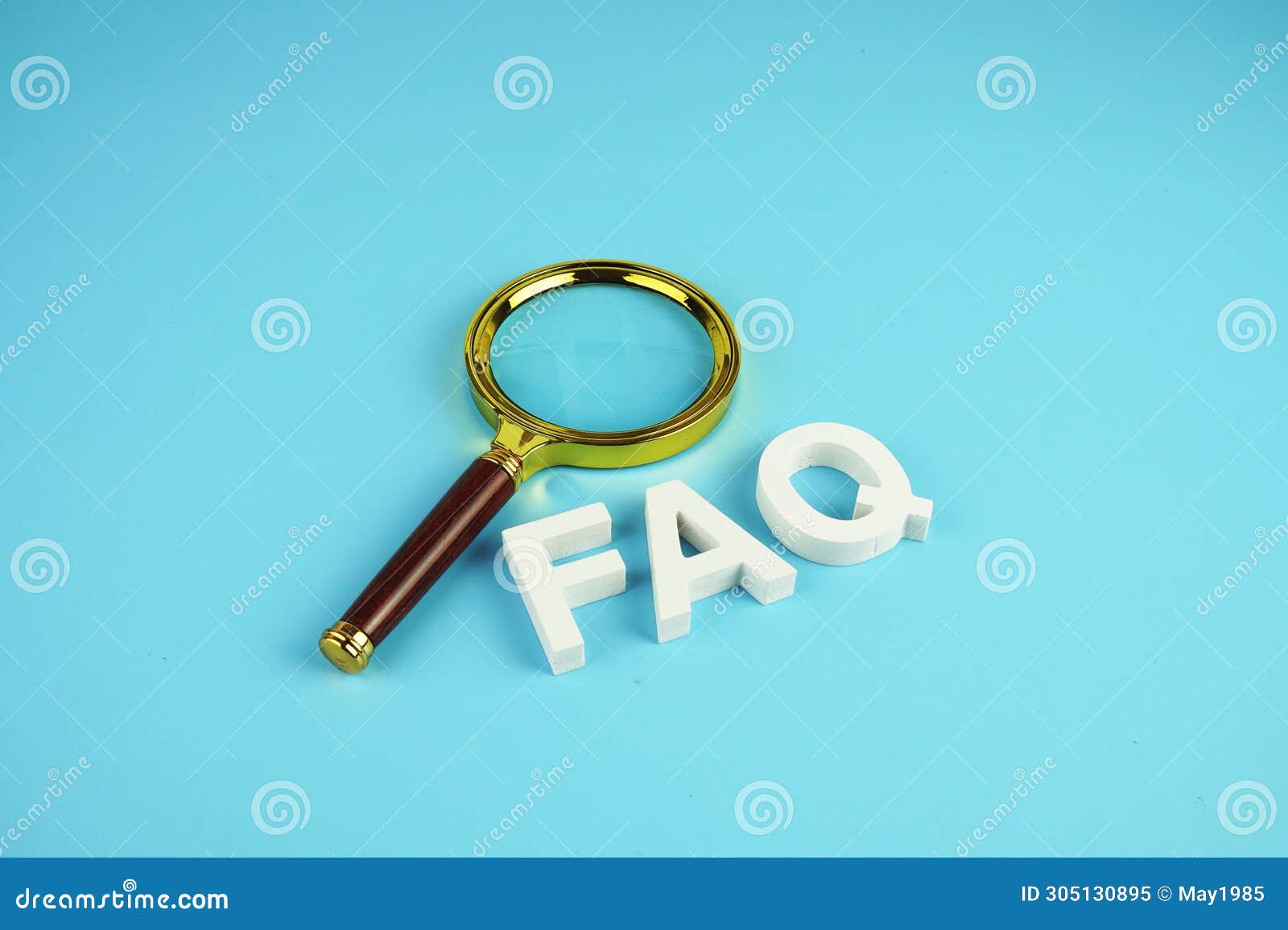 FAQ Alphabet Letters with Magnifying Glass on Blue Background Stock ...
