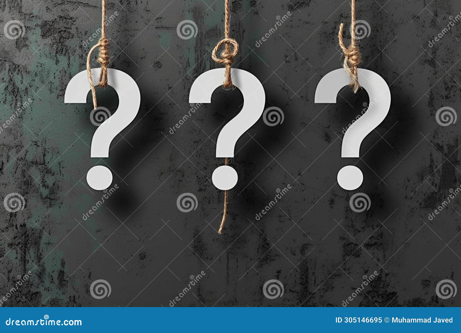FAQ Concept Three Question Marks Hanging on White Background Stock ...