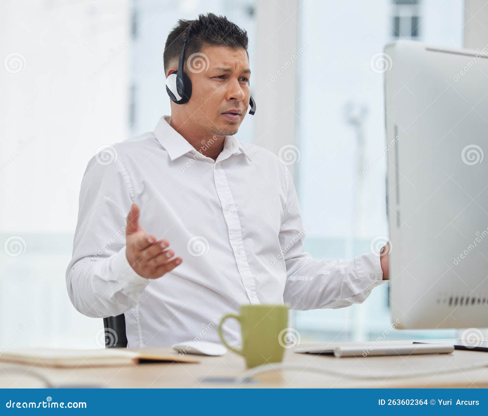 Faq, Confused or Man Problem Solving in a Call Center Talking or ...
