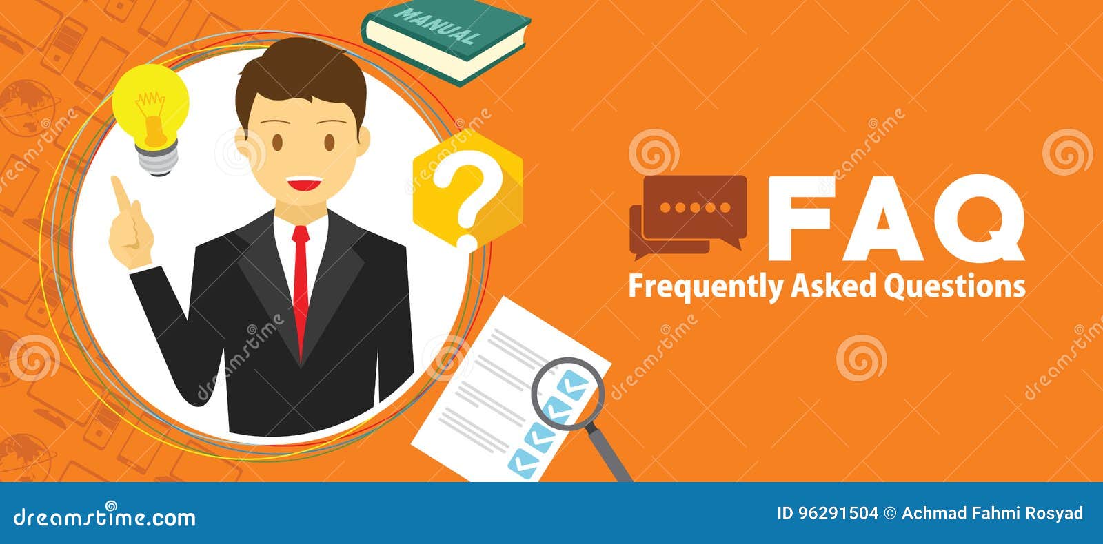 FAQ Frequently Asked with a Man and Question Mark Stock Vector ...