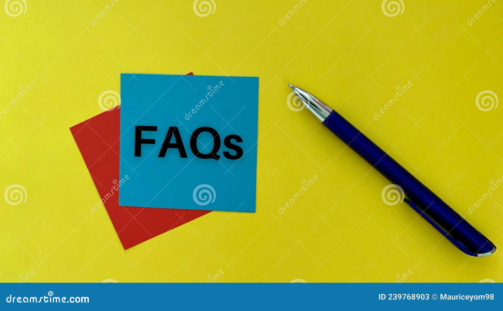 FAQs Text on Blue Post it Note with Pen and Yellow Background. Business ...