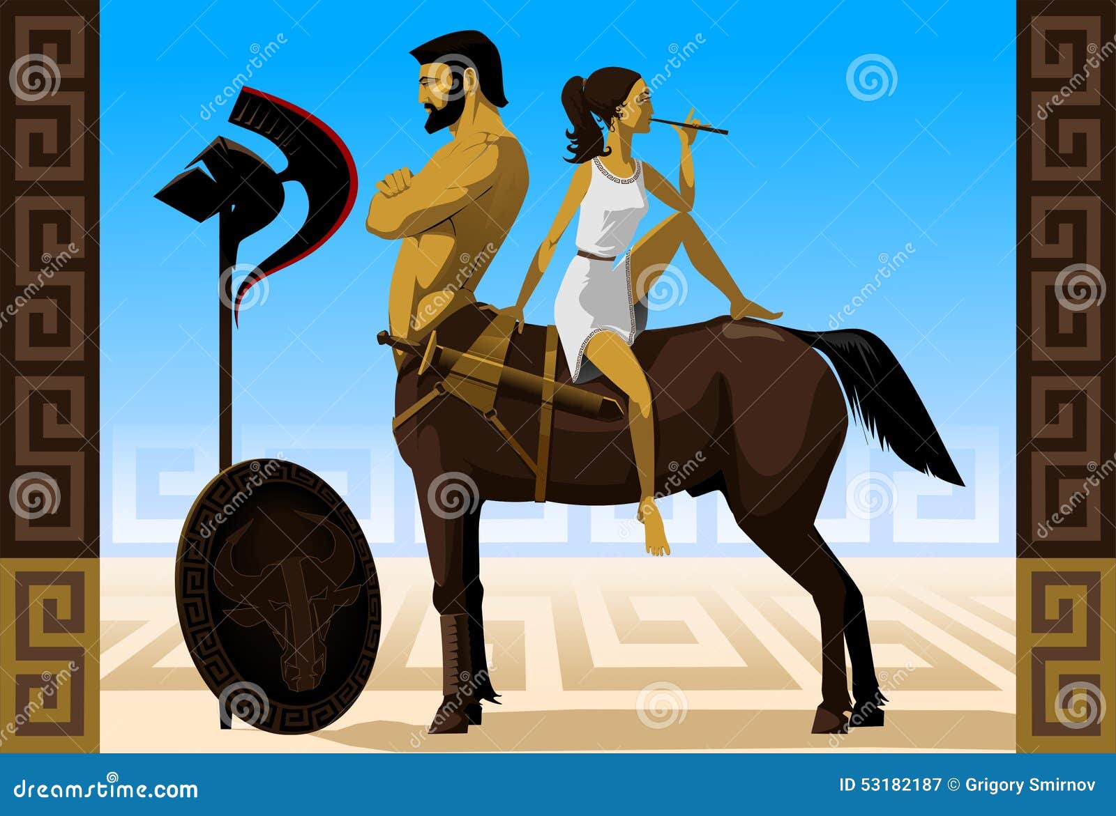 Centaur Girl With Spear. Vector Ink Style Outline Drawing ...