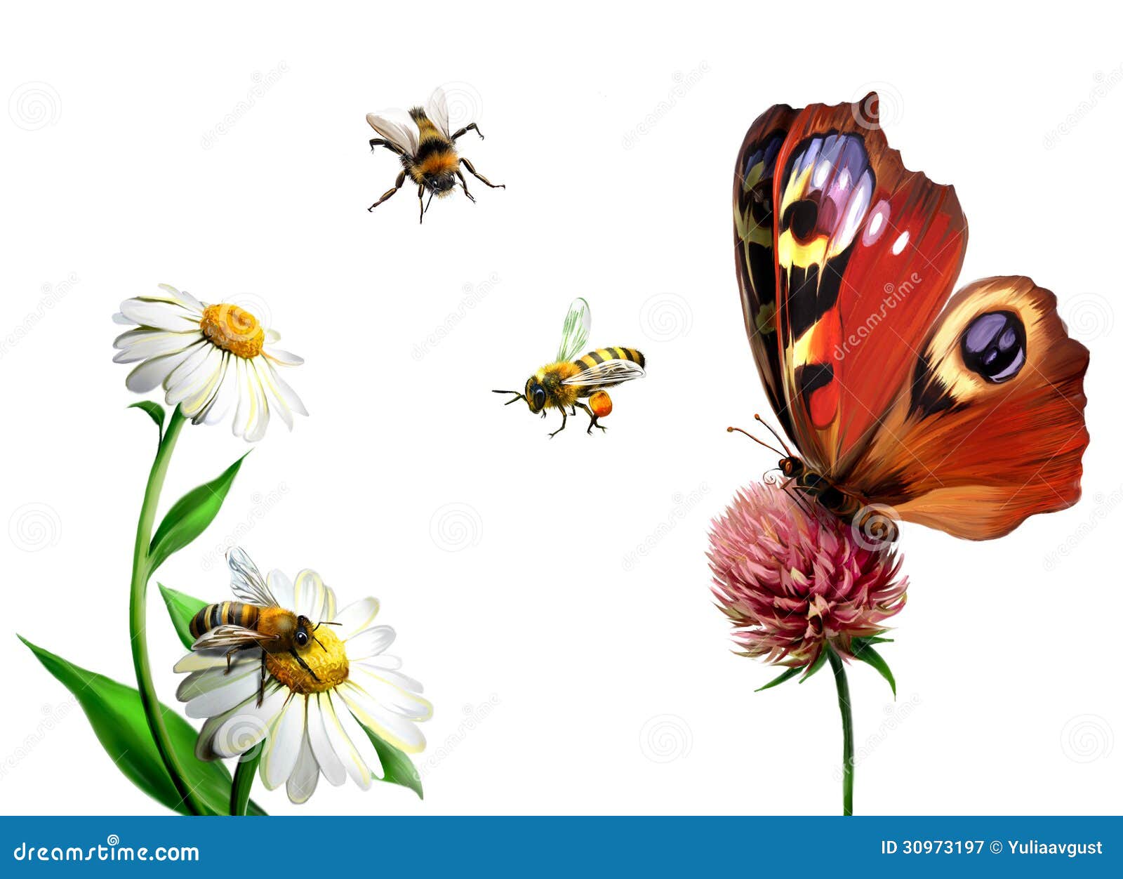 Farfalla, margherita e api illustrazione di stock. Illustrazione di ...