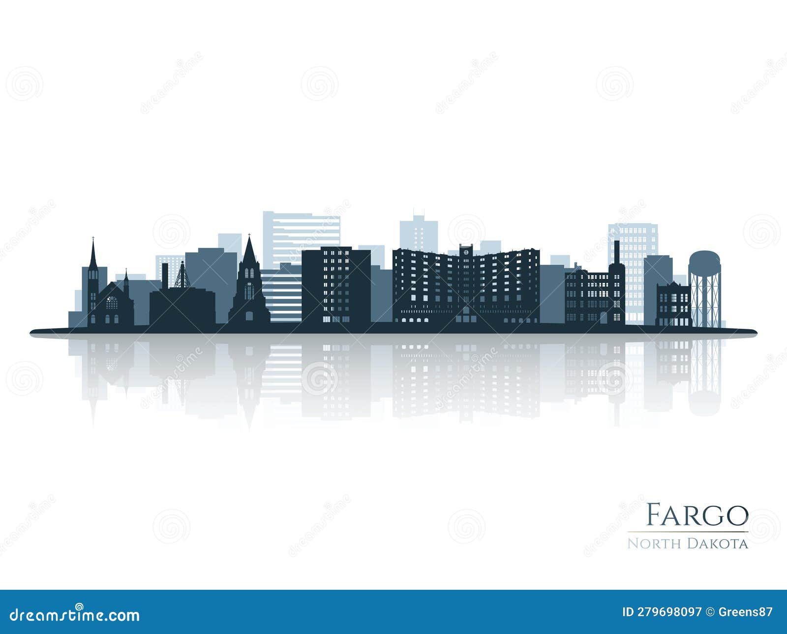 Fargo Skyline Silhouette With Reflection. Cartoon Vector ...