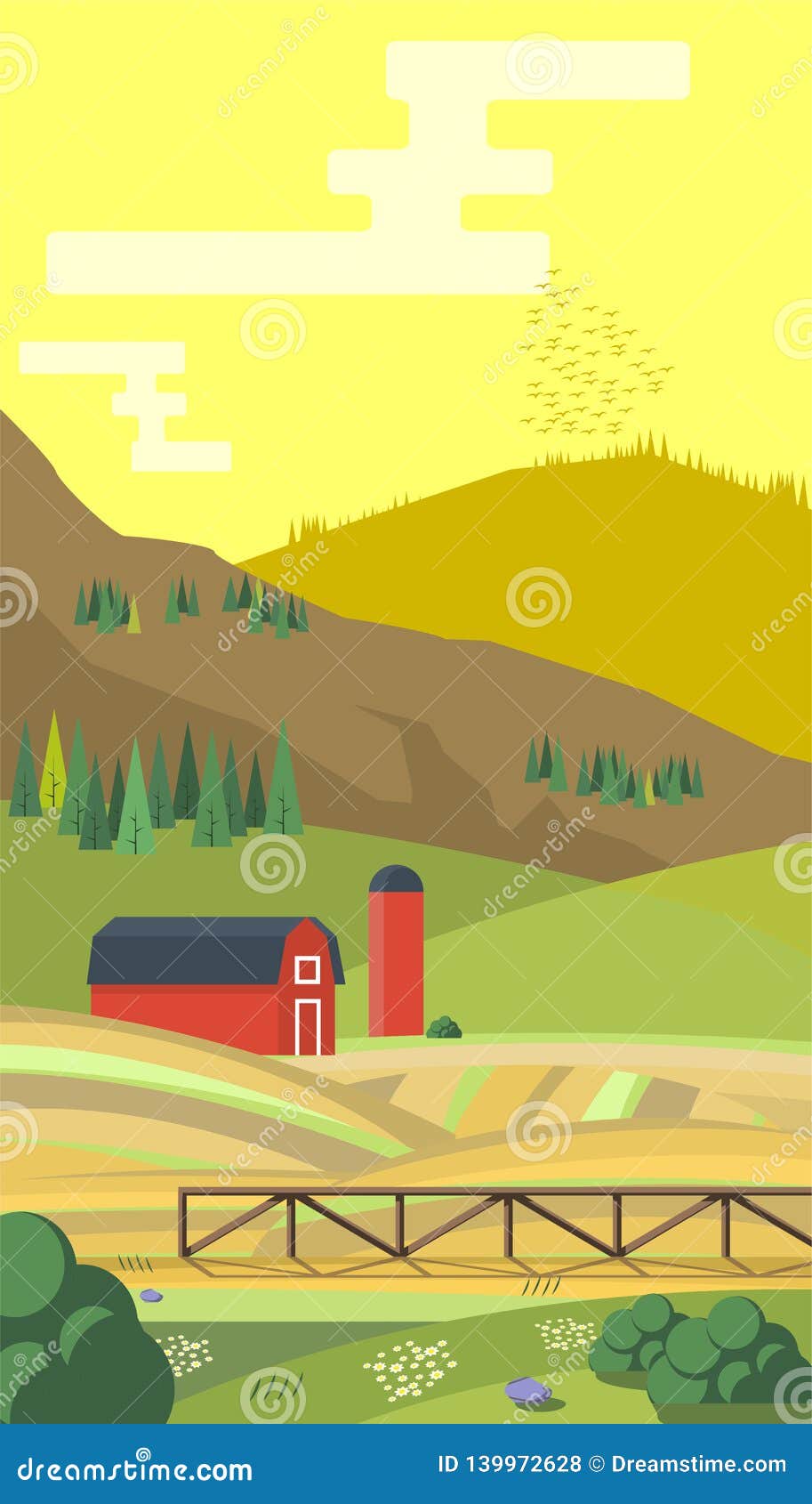 Farm with Mountes, Country Landscape, Trendy Flat Style Design Template ...