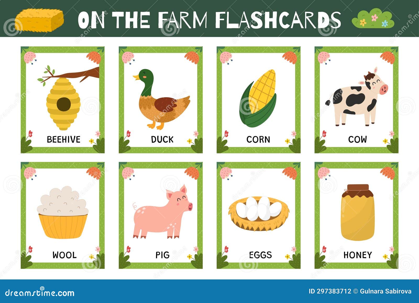 Farm Flashcards Collection With Cute Characters. Flash Cards Set Vector ...