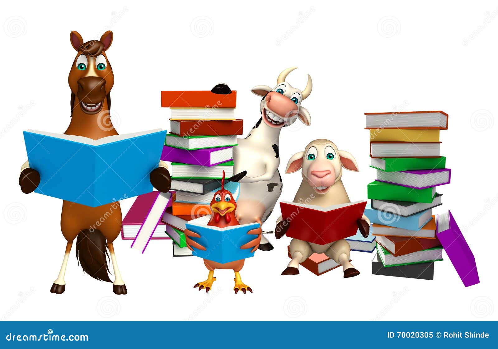 Farm Animal with Book Stack Stock Illustration - Illustration of ...