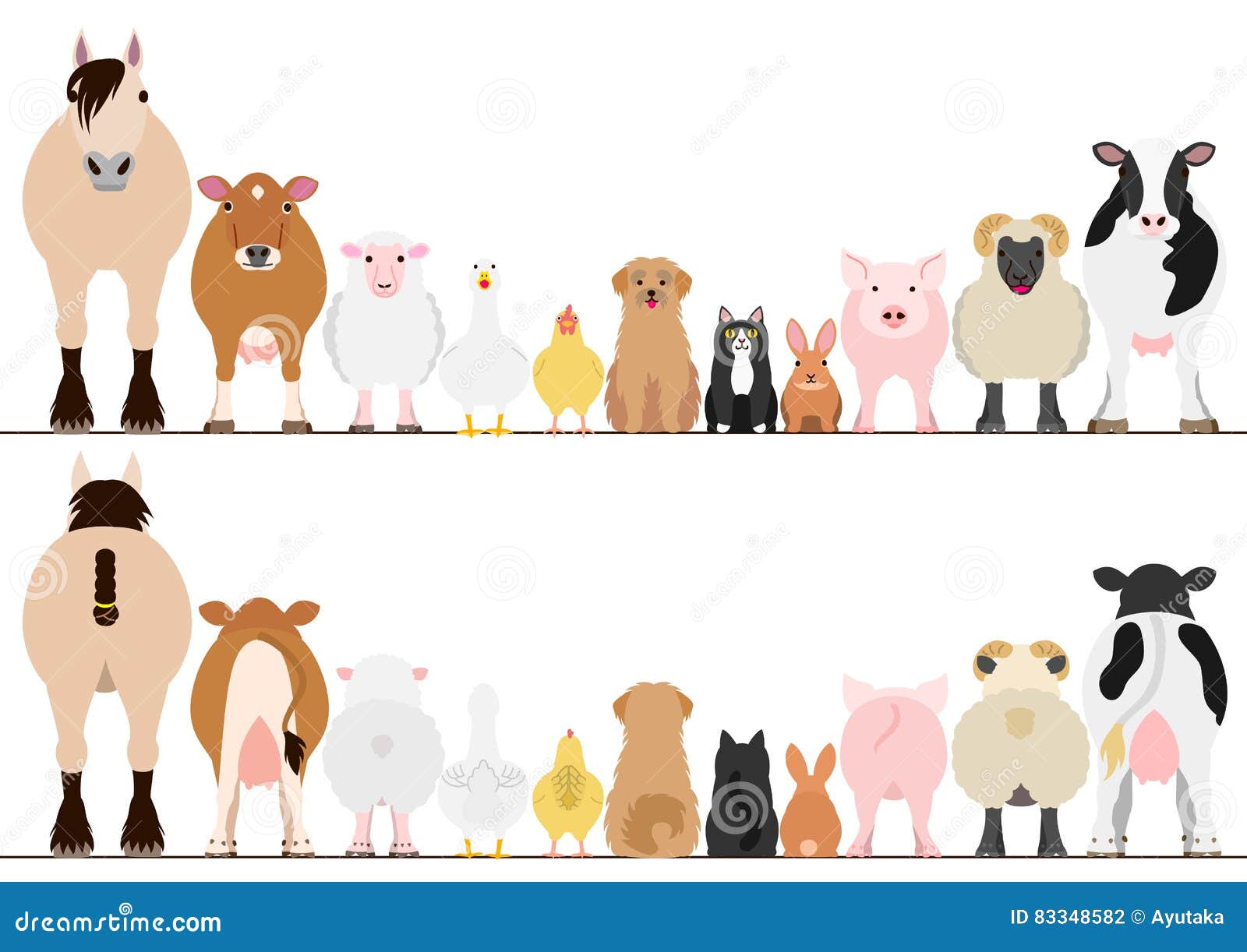 Farm Animals Border Set, Front View And Rear View Vector Illustration ...