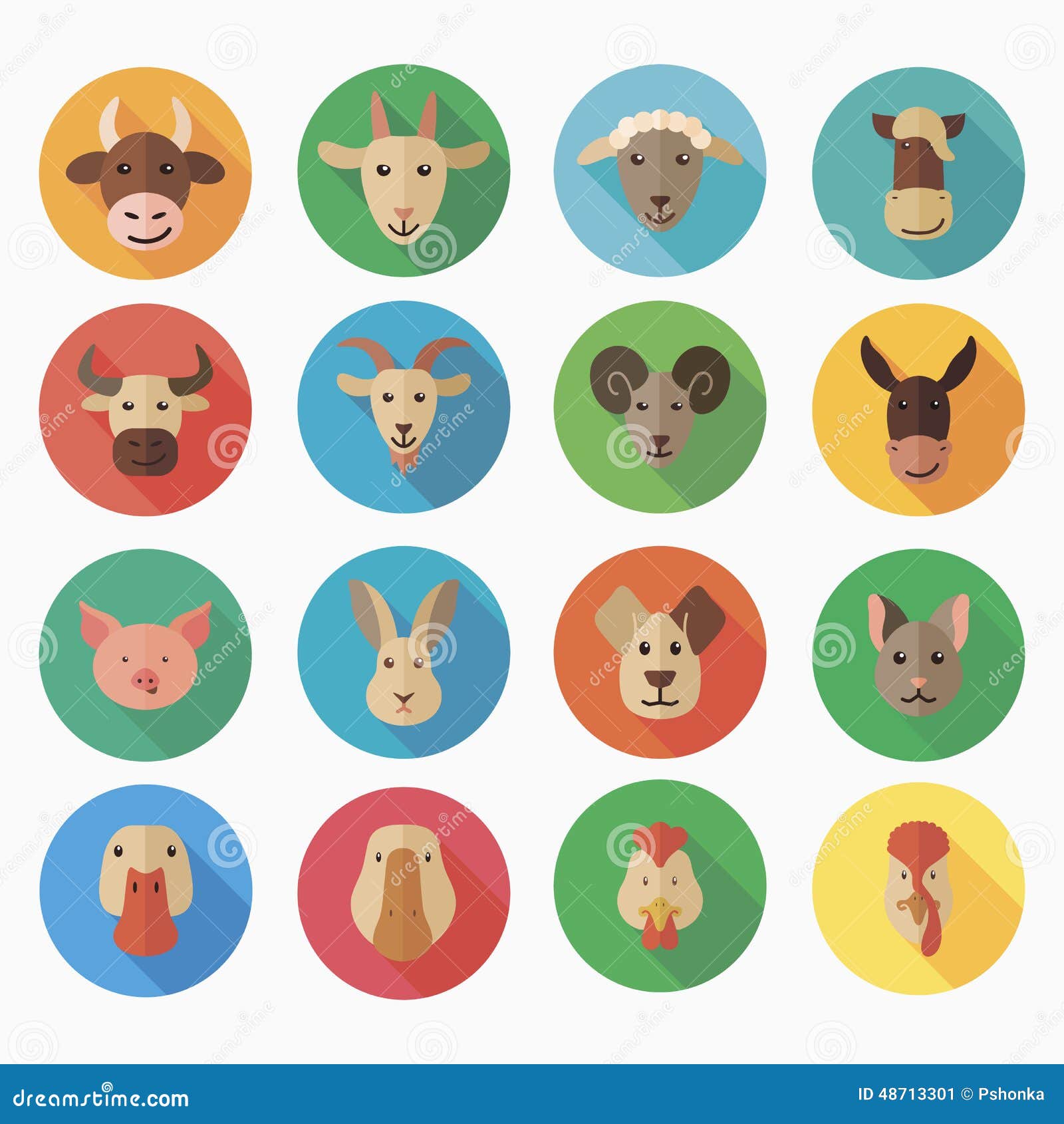 Farm Animals Flat Icon with Long Shadow Stock Vector - Illustration of ...