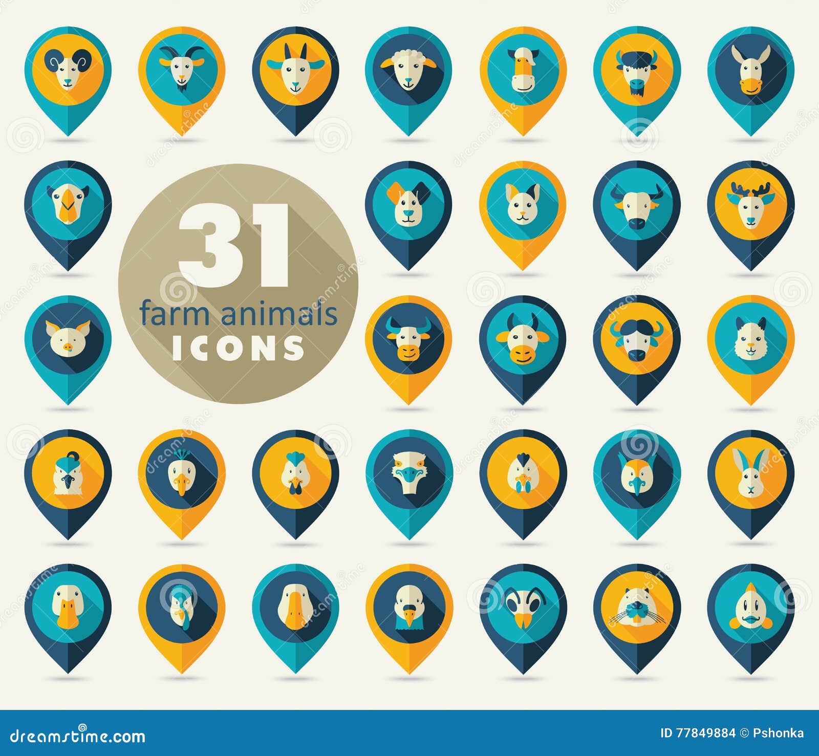 Farm Animals Flat Pin Map Icon Set. Vector Head. | CartoonDealer.com ...